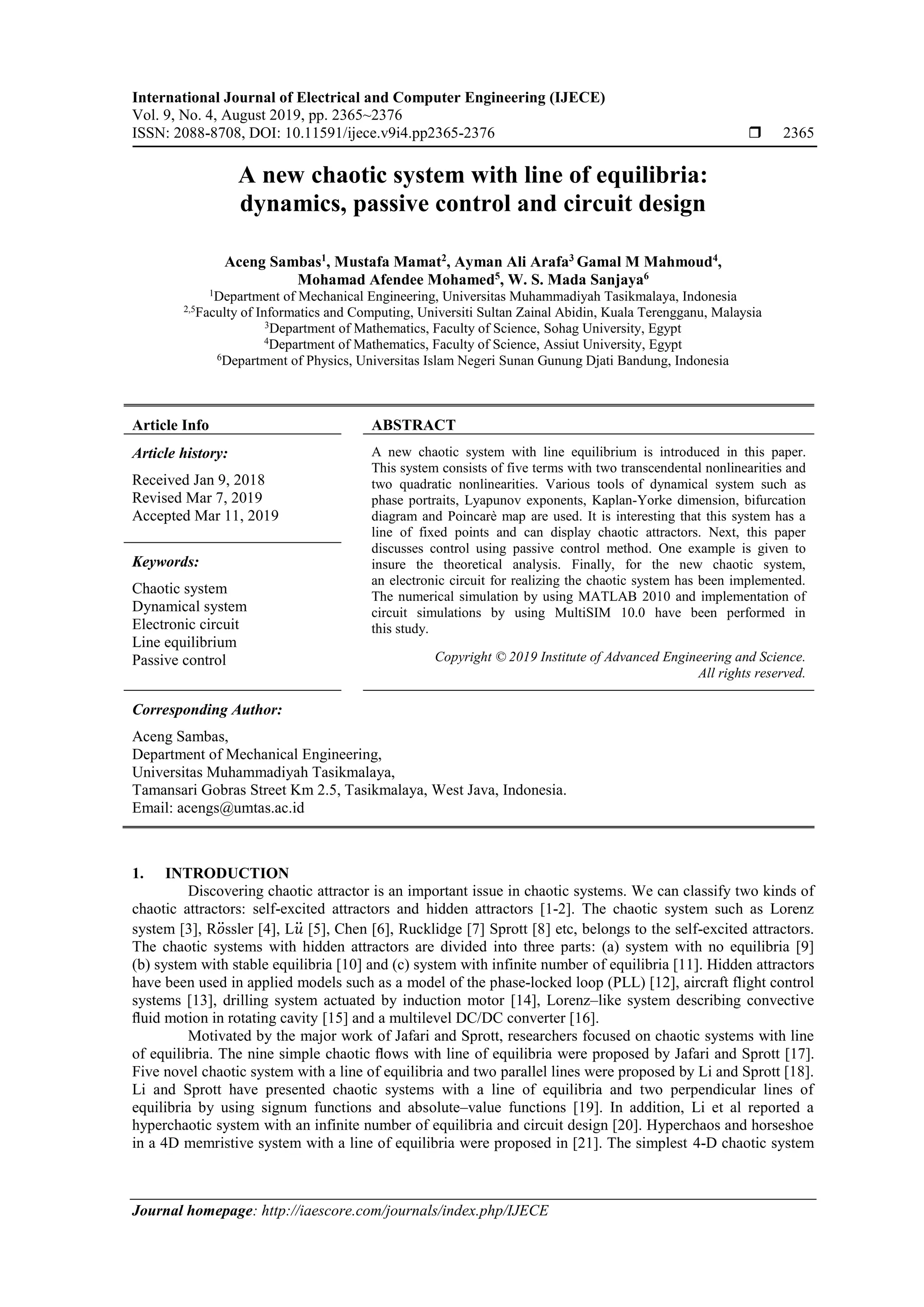 A New Chaotic System with Line of Equilibria: Dynamics, Passive Control and Circuit Design | PDF