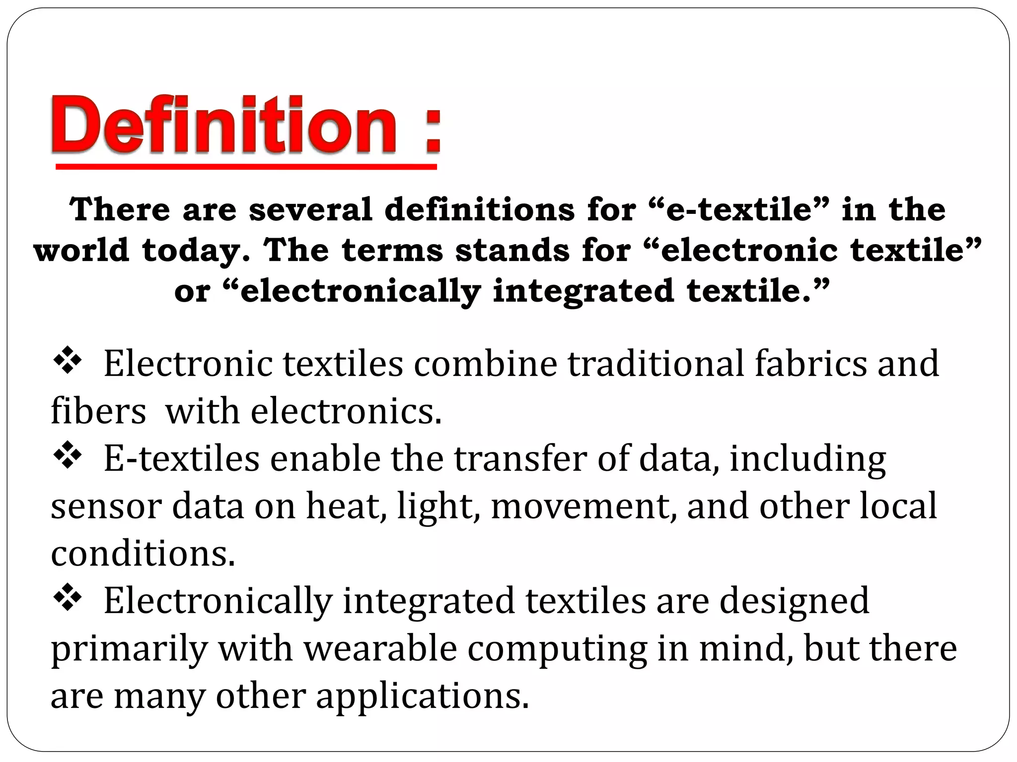 Applications of e-textile | PPTX