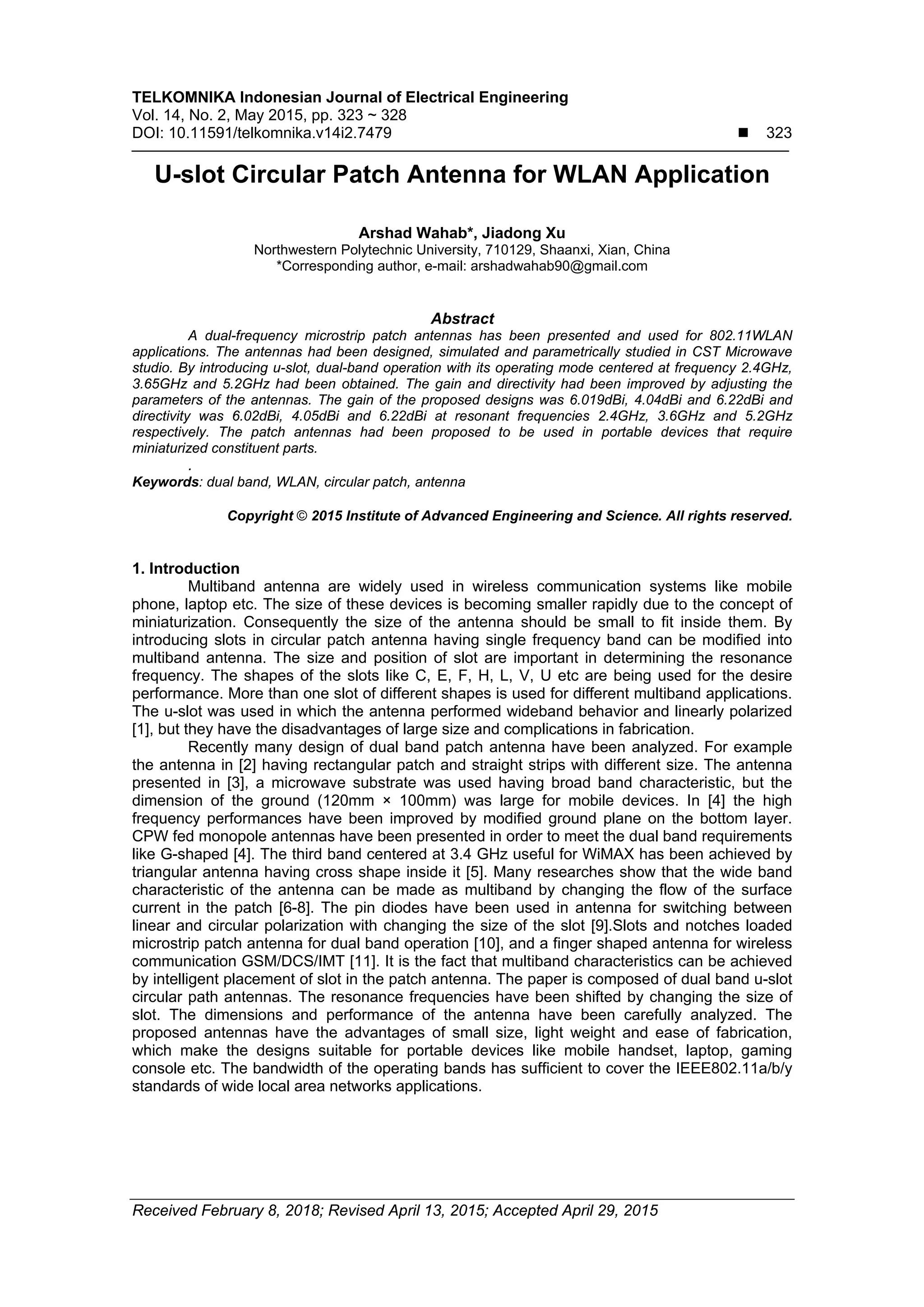 U-slot Circular Patch Antenna for WLAN Application | PDF