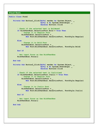 Apply Bold, Italic and Underline to Selected Text in a RichtextBox using Visual Basic.Net - Part ...