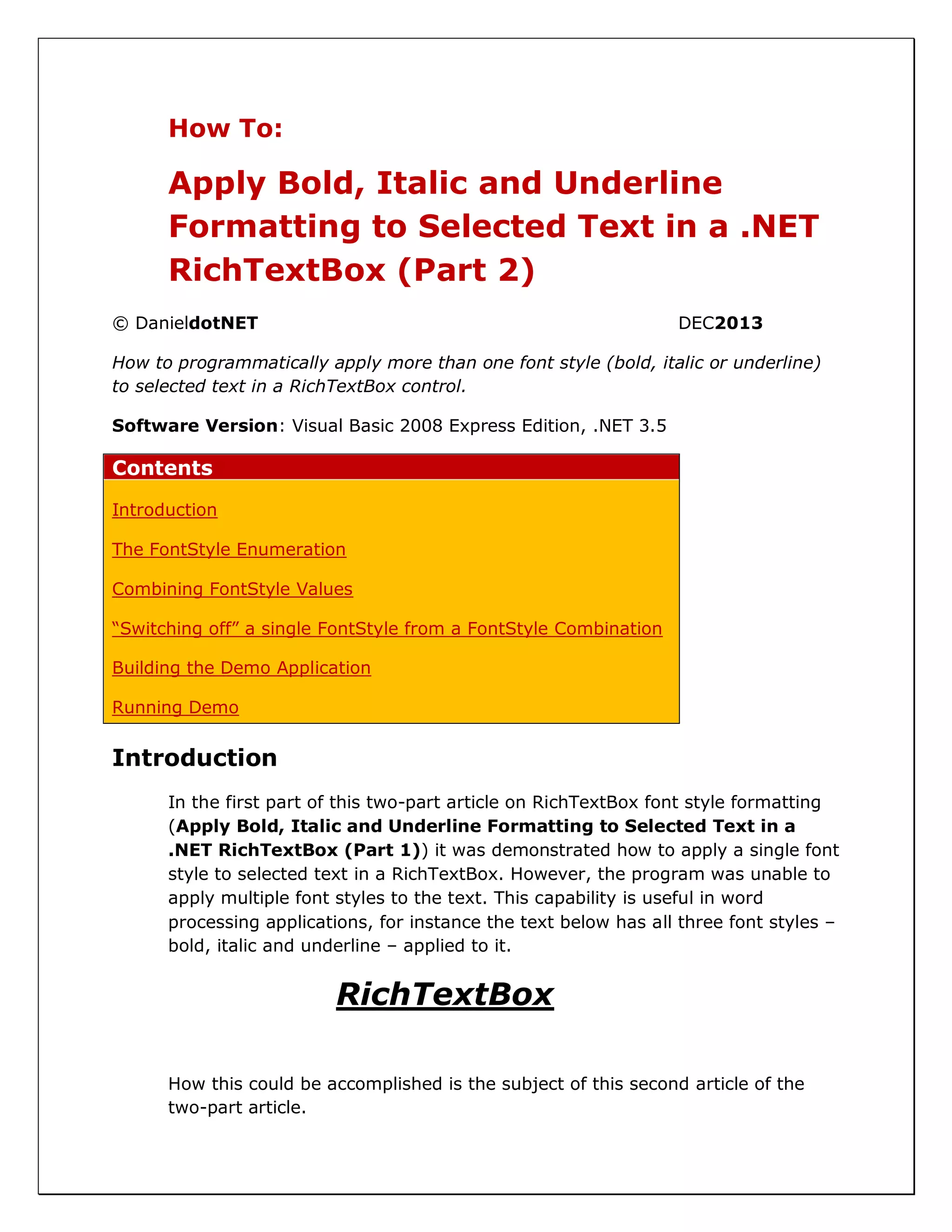 Apply Bold, Italic and Underline to Selected Text in a RichtextBox using Visual Basic.Net - Part ...