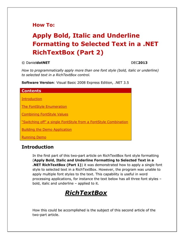 Apply Bold Italic And Underline To Selected Text In A Richtextbox Using Visual Basicnet Part