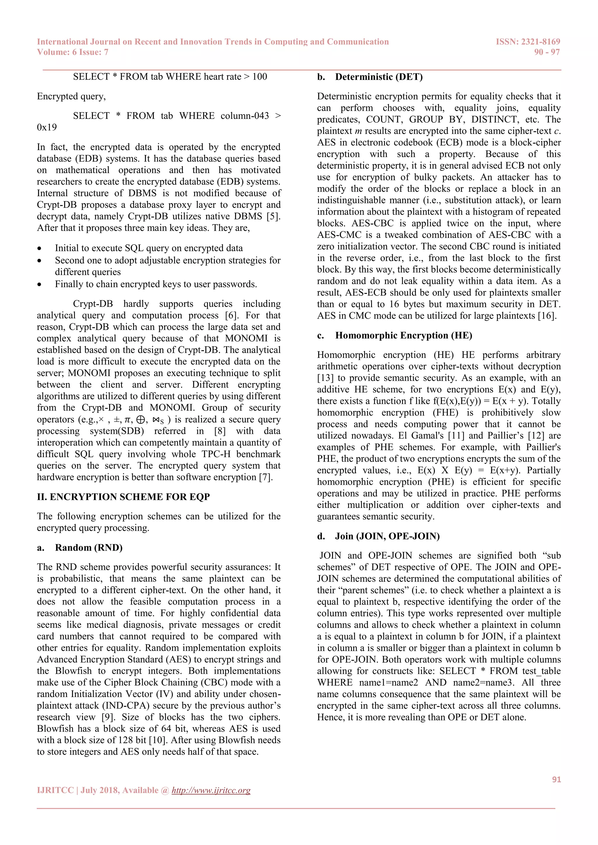 Processing Over Encrypted Query Data In Internet Of Things Iots Cryptdbs Monomi And Sdb Pdf
