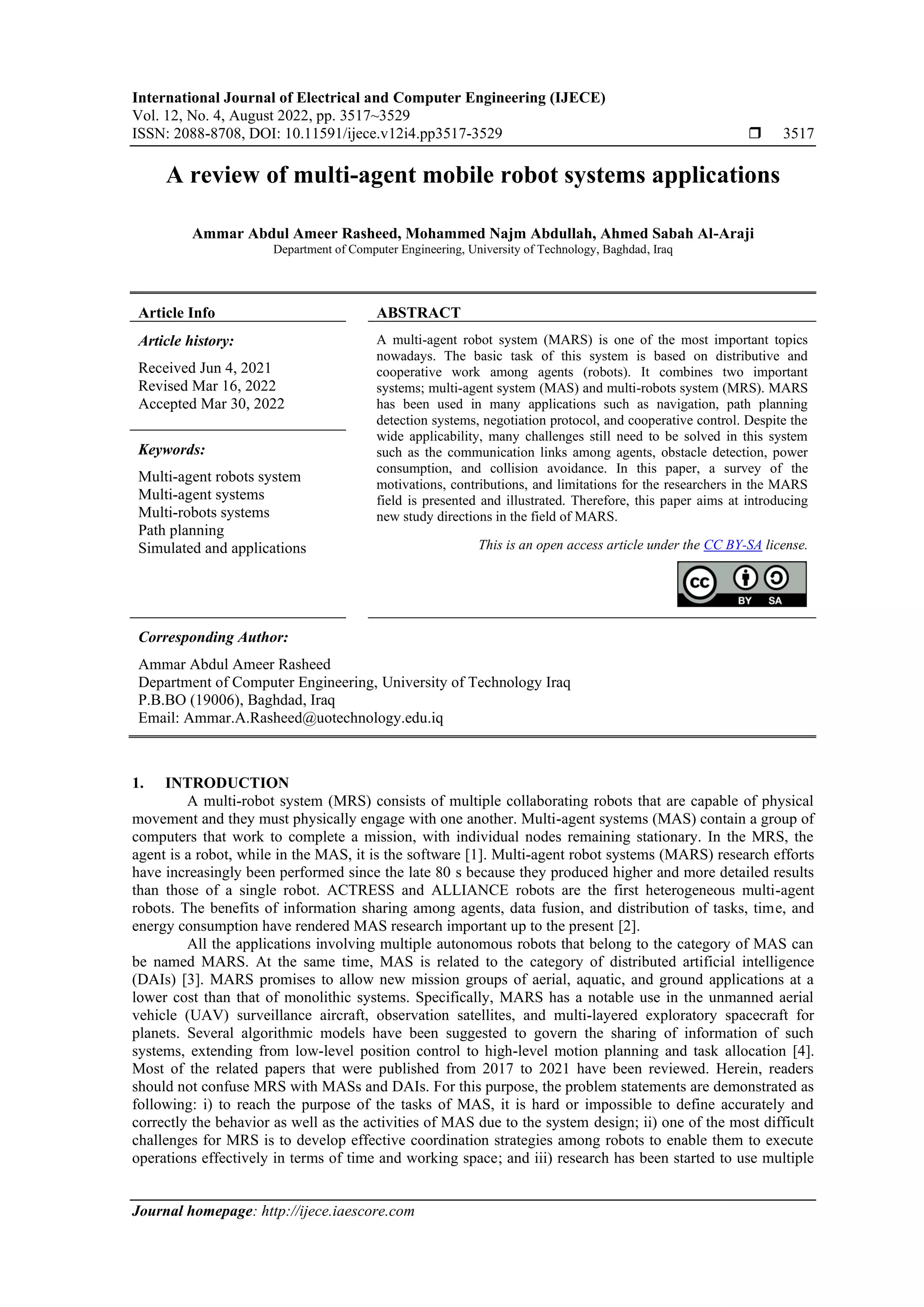 A review of multi-agent mobile robot systems applications | PDF