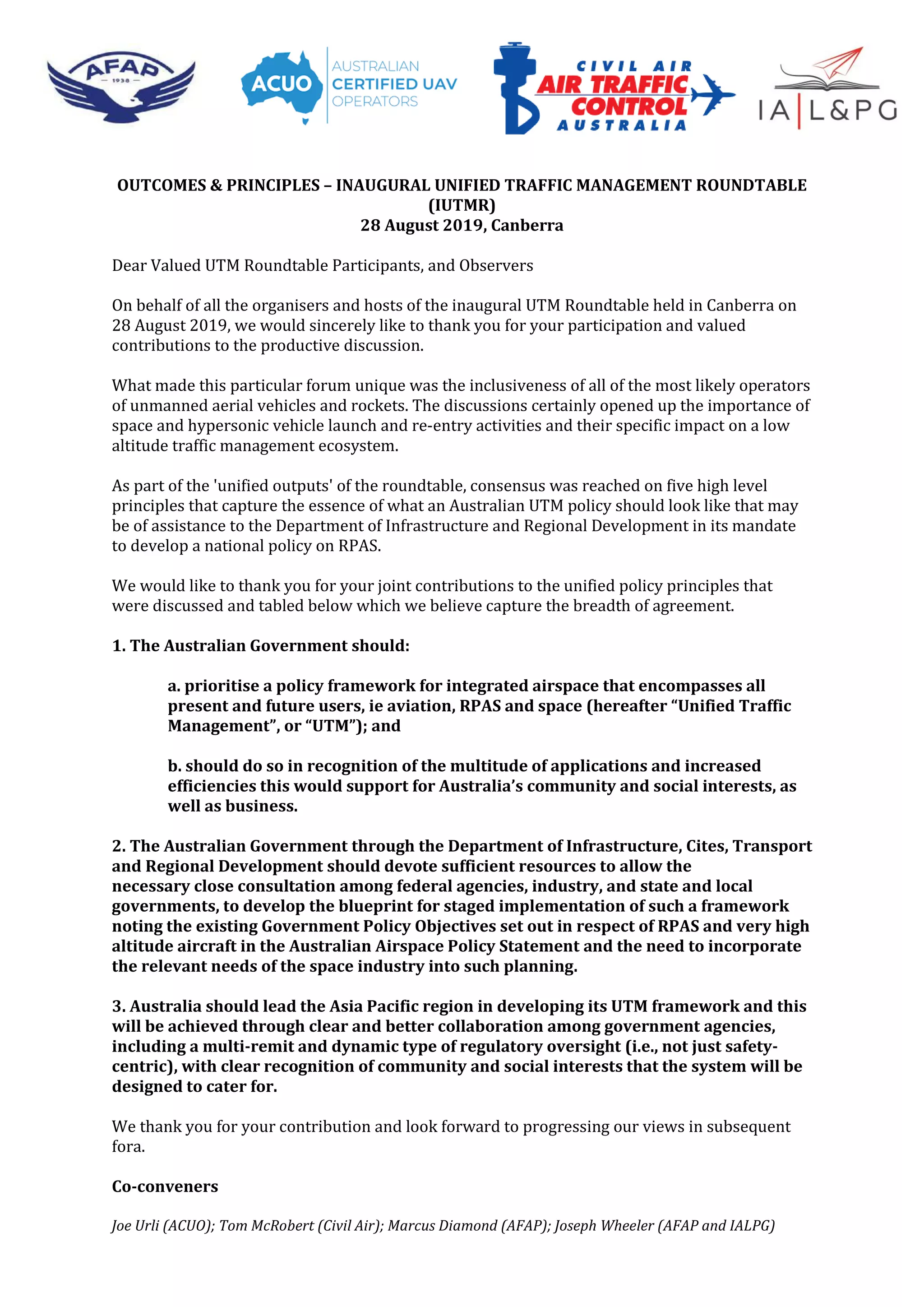 Australian UTM Roundtable - final summary and principles | PDF