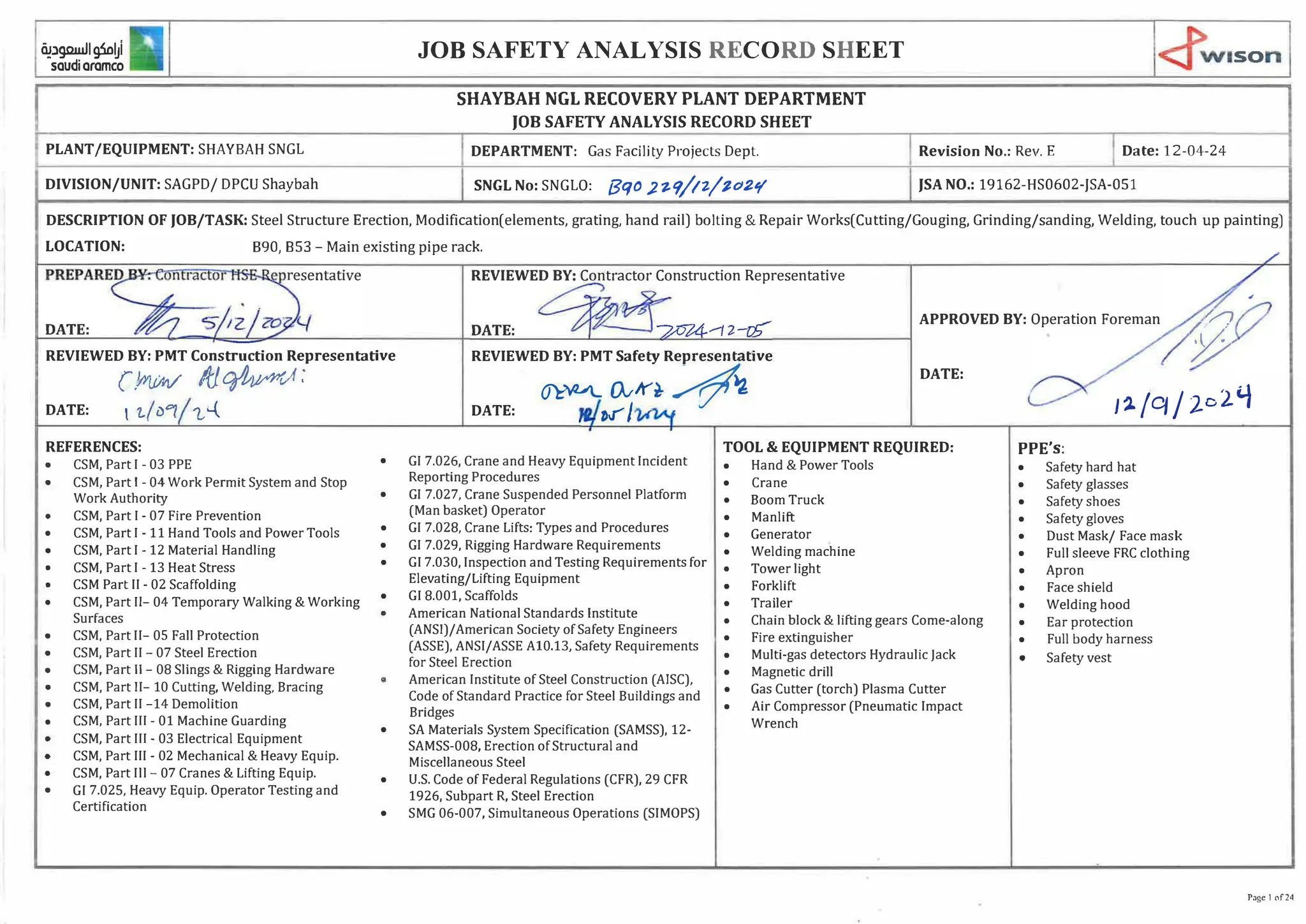 JSA for Steel Structure Erection, Modification (elements, grating, hand ...