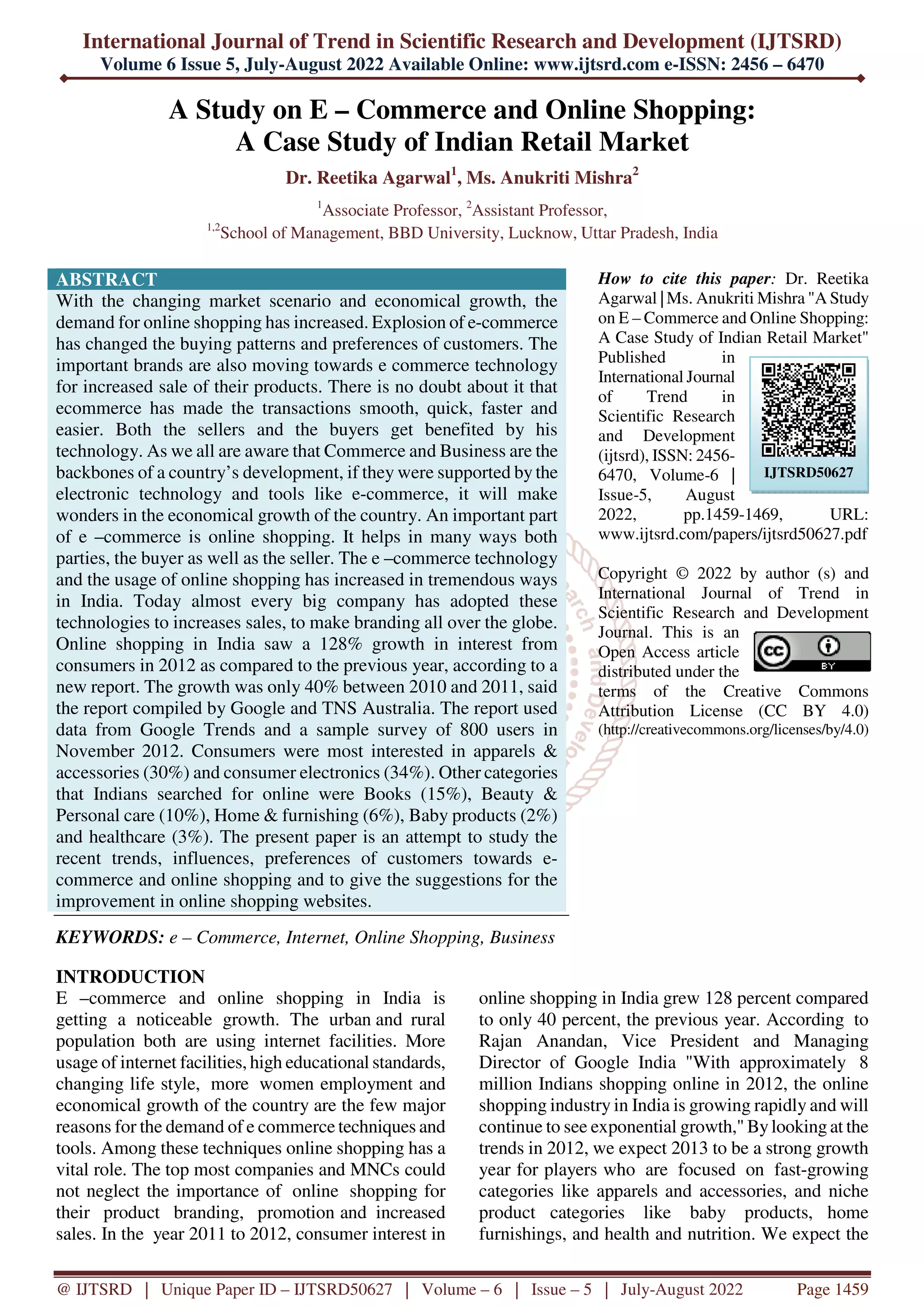 A Study on E – Commerce and Online Shopping A Case Study of Indian Retail Market | PDF