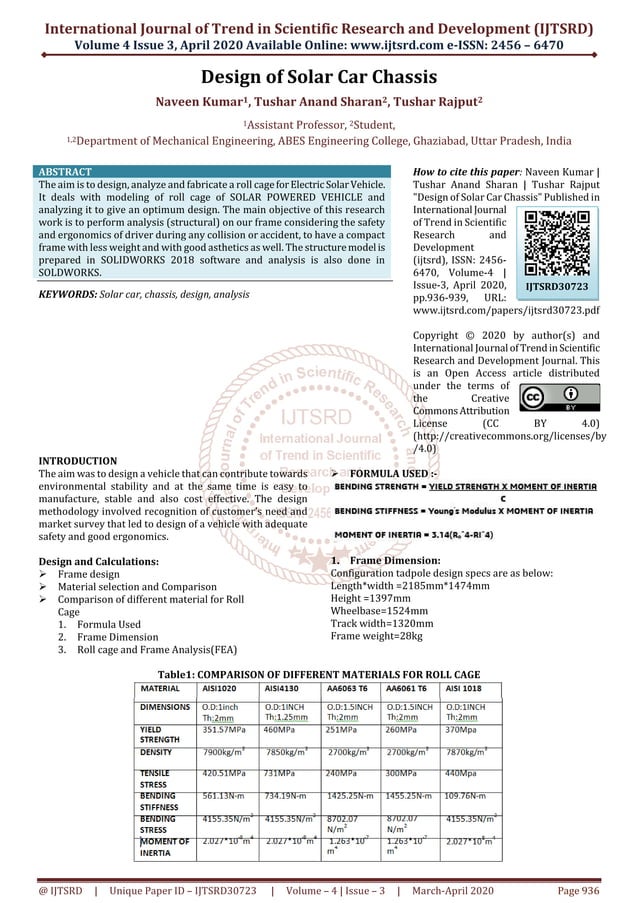Design of Solar Car Chassis | PDF