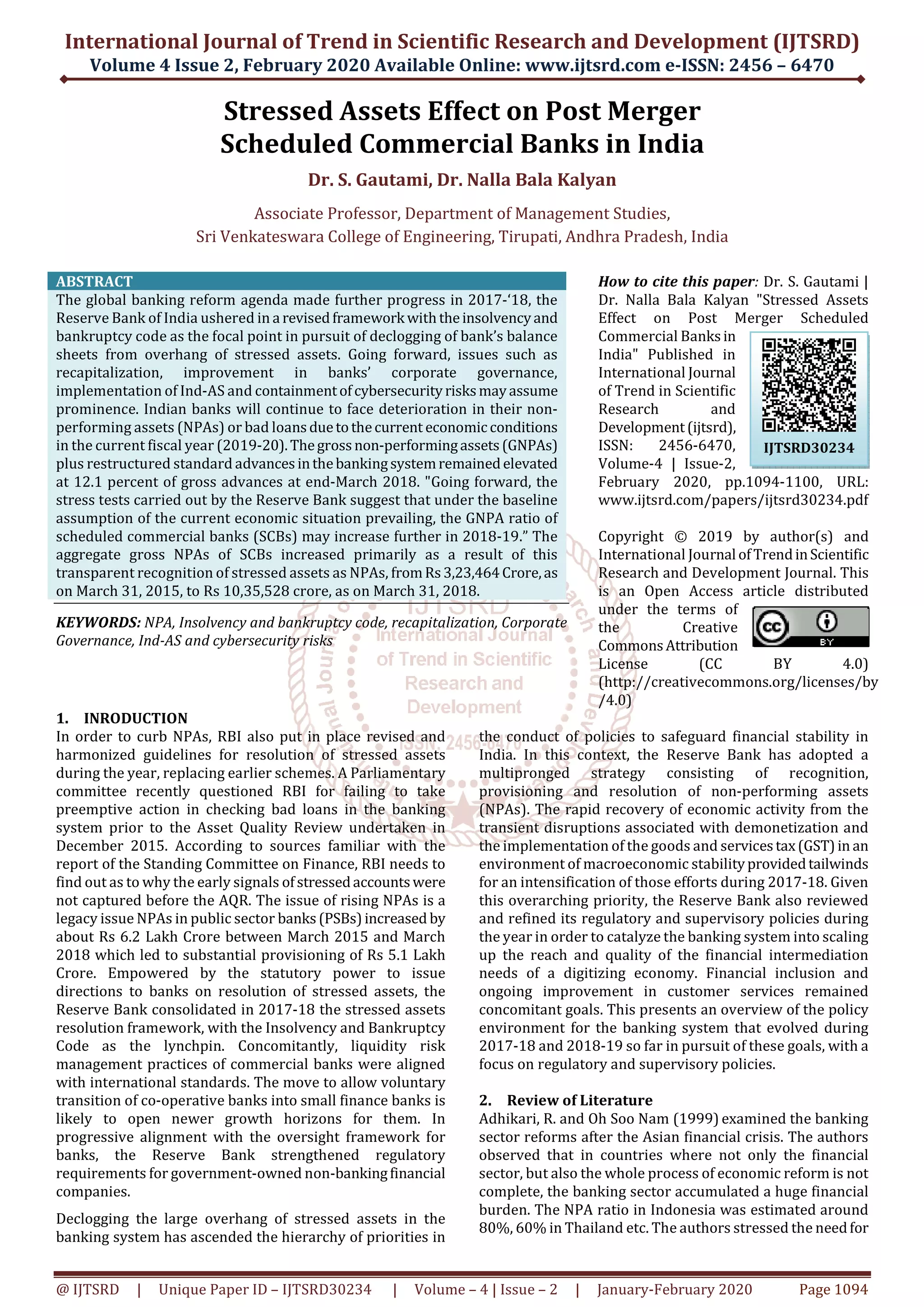 Stressed Assets Effect on Post Merger Scheduled Commercial Banks in India | PDF