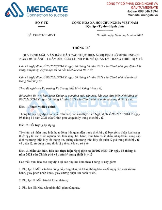 Thông tư 19/2021/TT-BYT: QUY ĐỊNH MẪU VĂN BẢN, BÁO CÁO THỰC HIỆN NGHỊ ĐỊNH SỐ 98/2021/NĐ-CP NGÀY ...