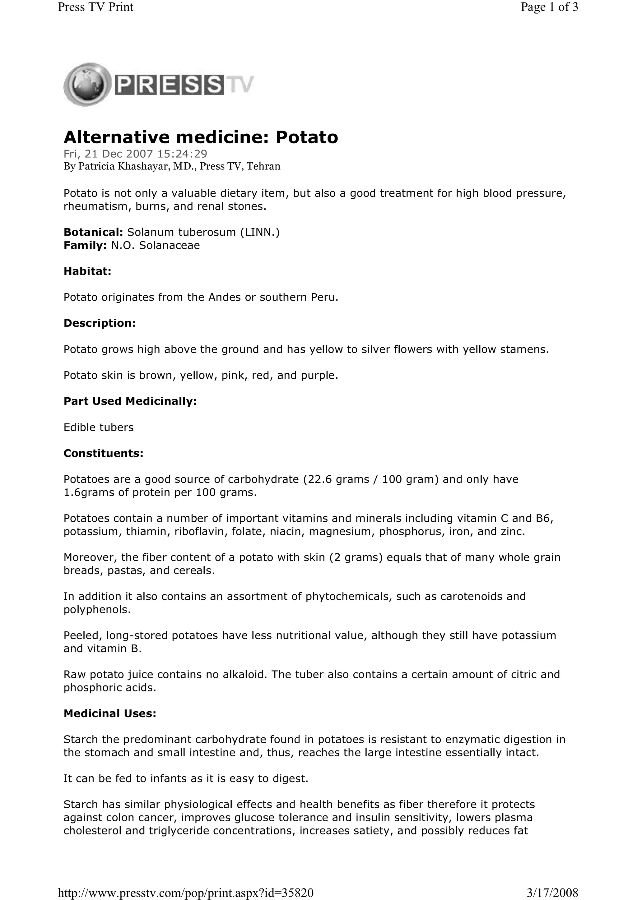 Alternative medicine Potato | PDF