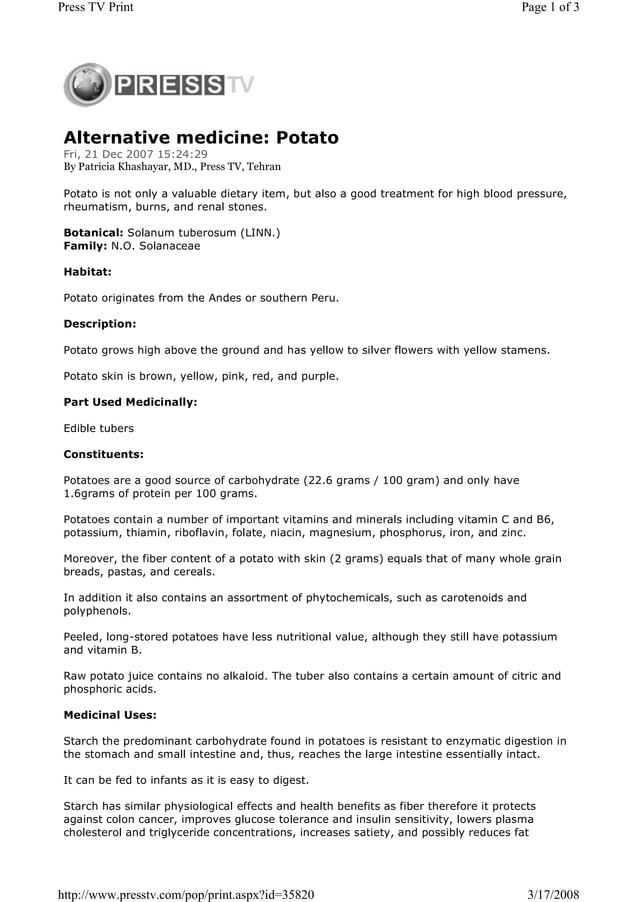 Alternative medicine Potato | PDF