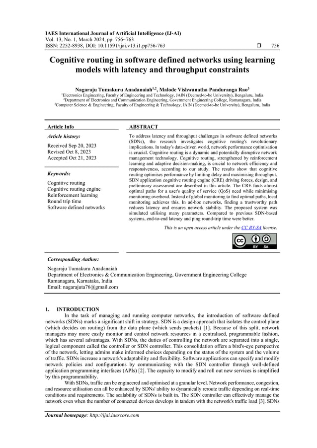 Cognitive Routing In Software Defined Networks Using Learning Models