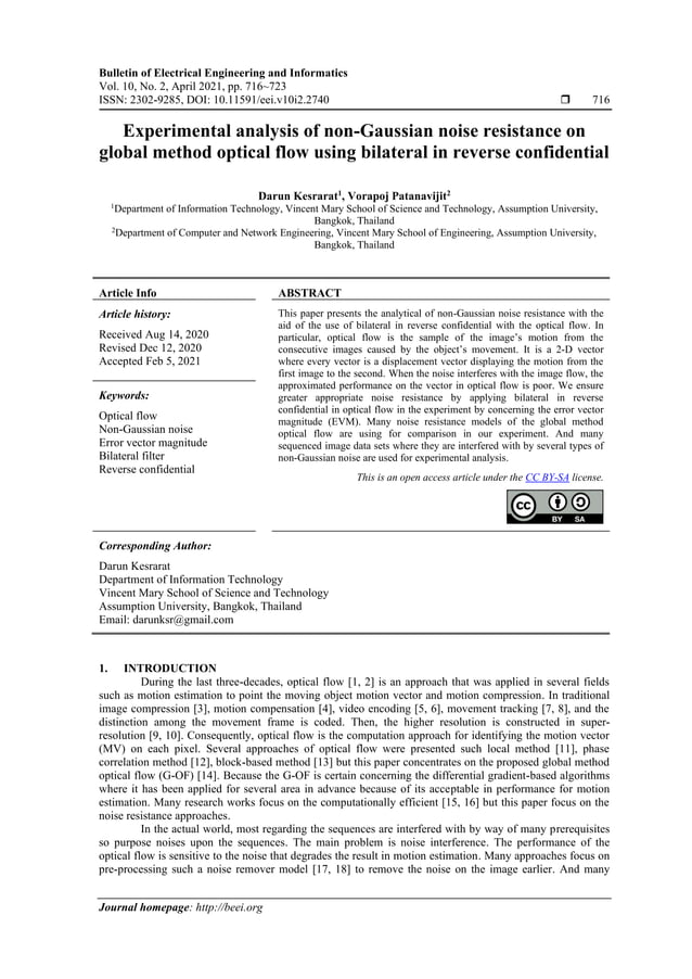 Experimental analysis of non-Gaussian noise resistance on global method optical flow using ...