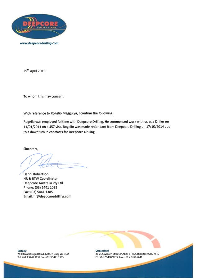 Employment Confirmation (Deepcore Drilling) | PDF