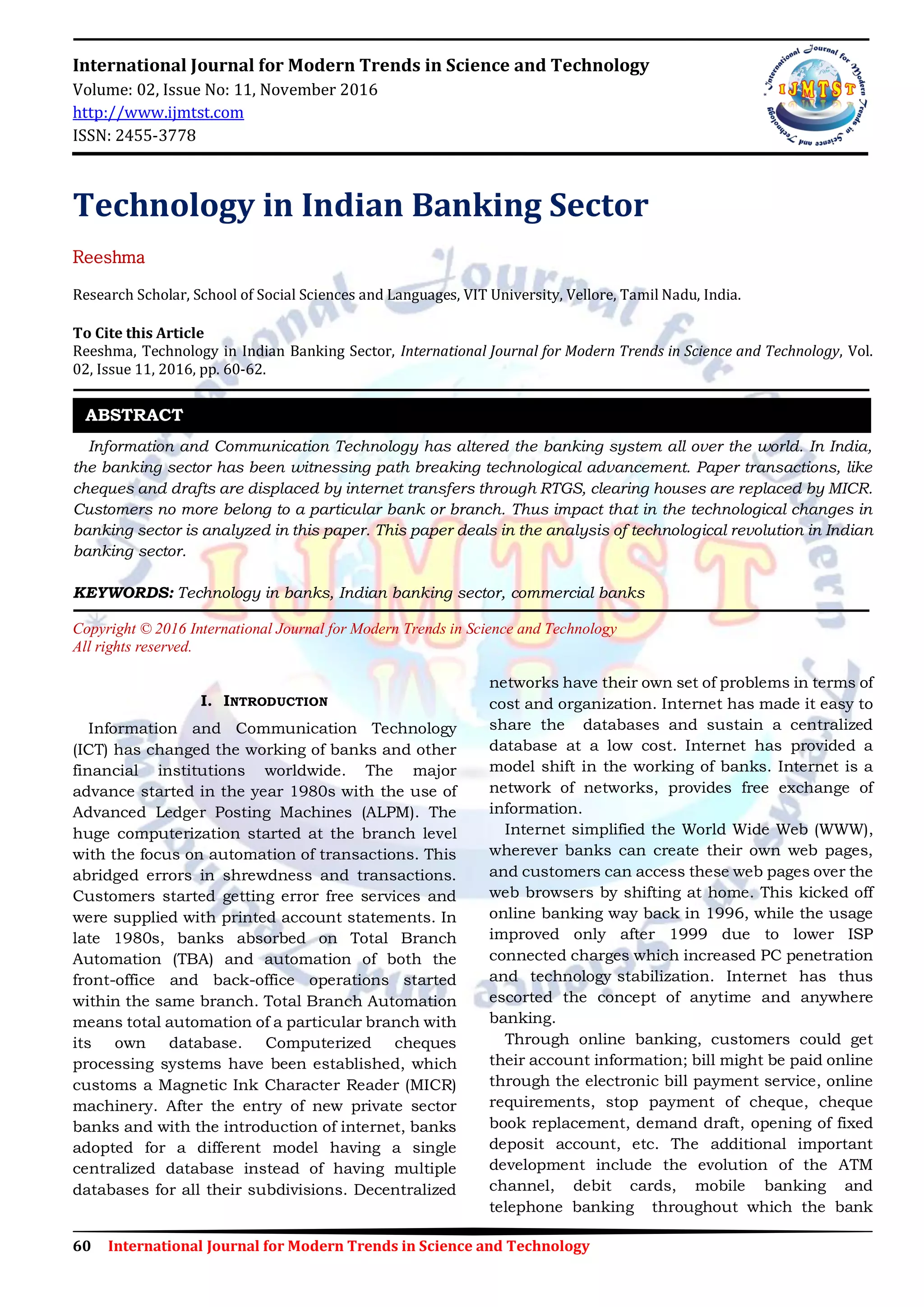 Technology in Indian Banking Sector | PDF