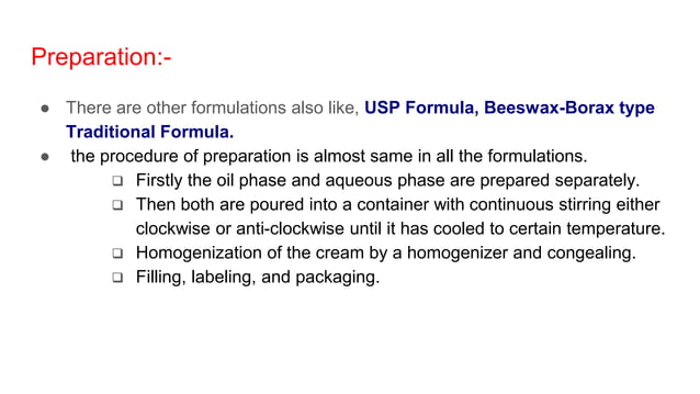 Formulation and preparation of cold cream and vanishing cream | PDF