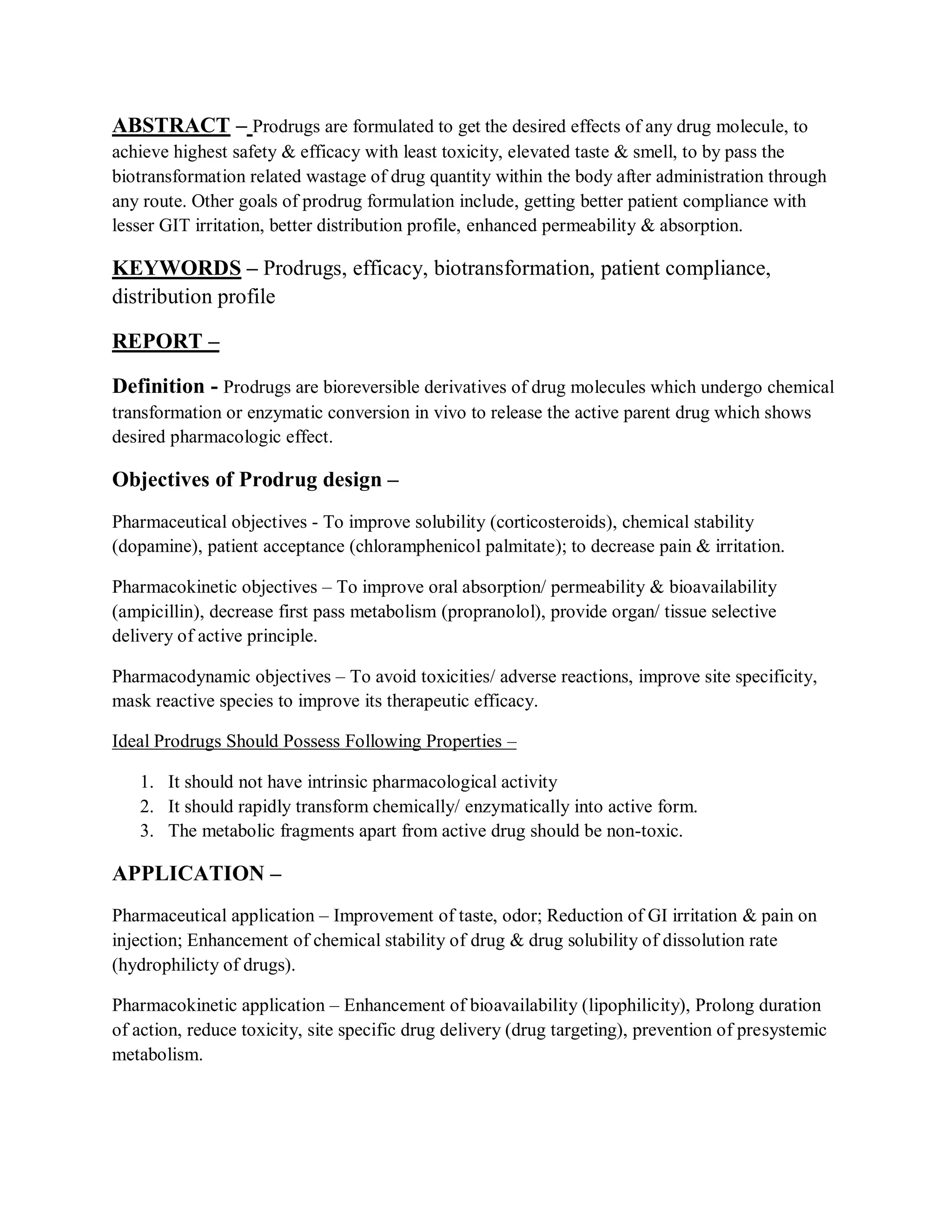 Basic concepts of Prodrug & their application in pharmacy fields | PDF