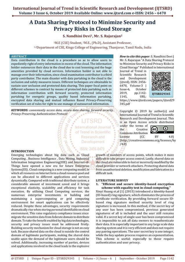 A Data Sharing Protocol to Minimize Security and Privacy Risks in Cloud Storage | PDF