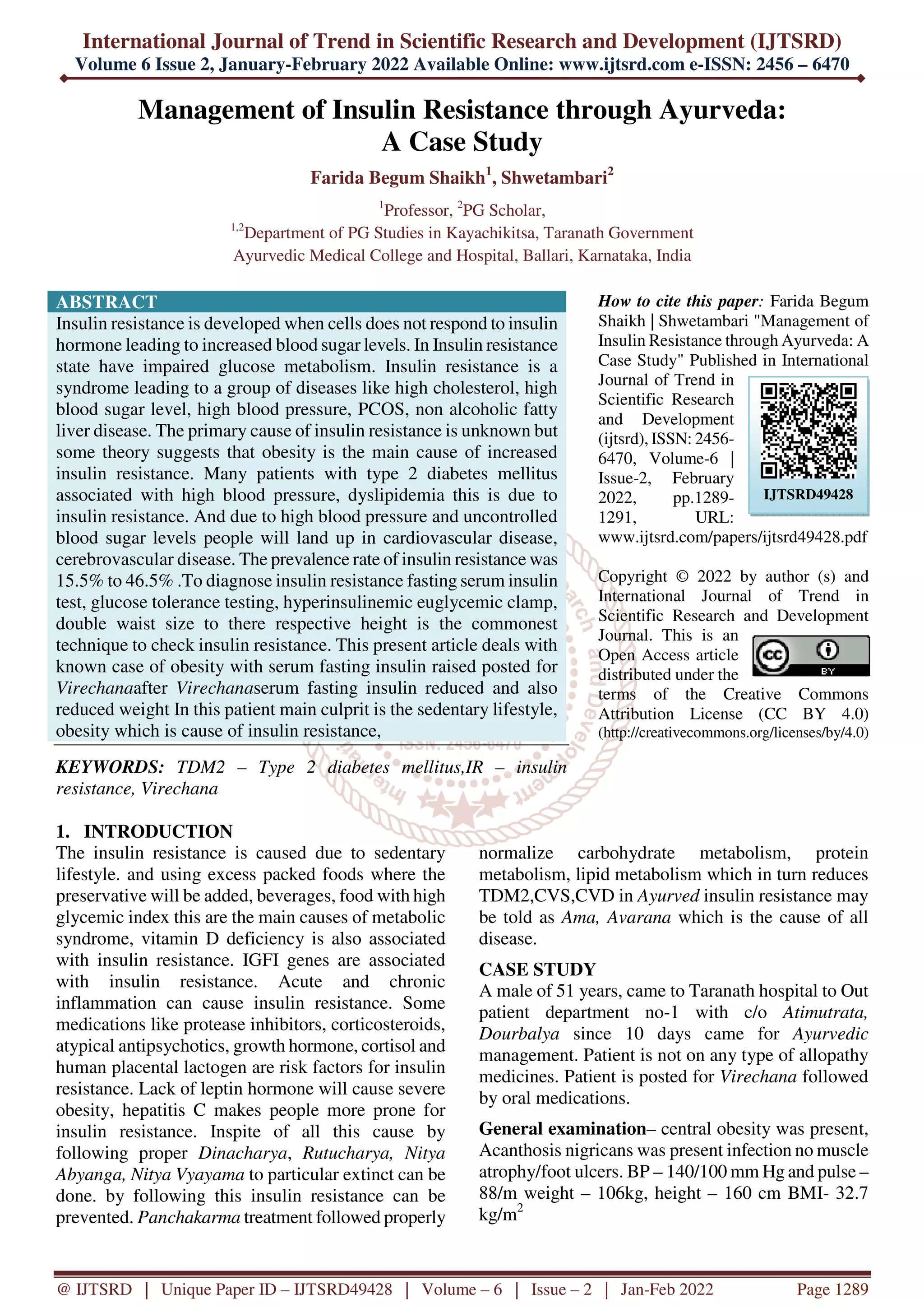 Management of Insulin Resistance through Ayurveda A Case Study | PDF