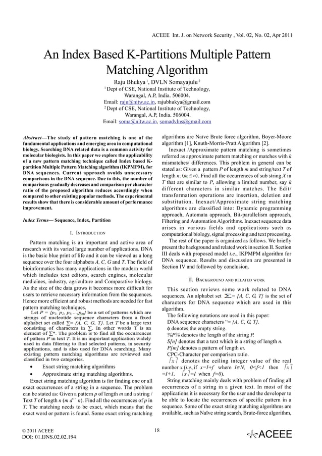 An Index Based K-Partitions Multiple Pattern Matching Algorithm | PDF