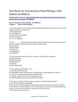 Test Bank for Introductory Plant Biology 14th Edition by Bidlack | PDF