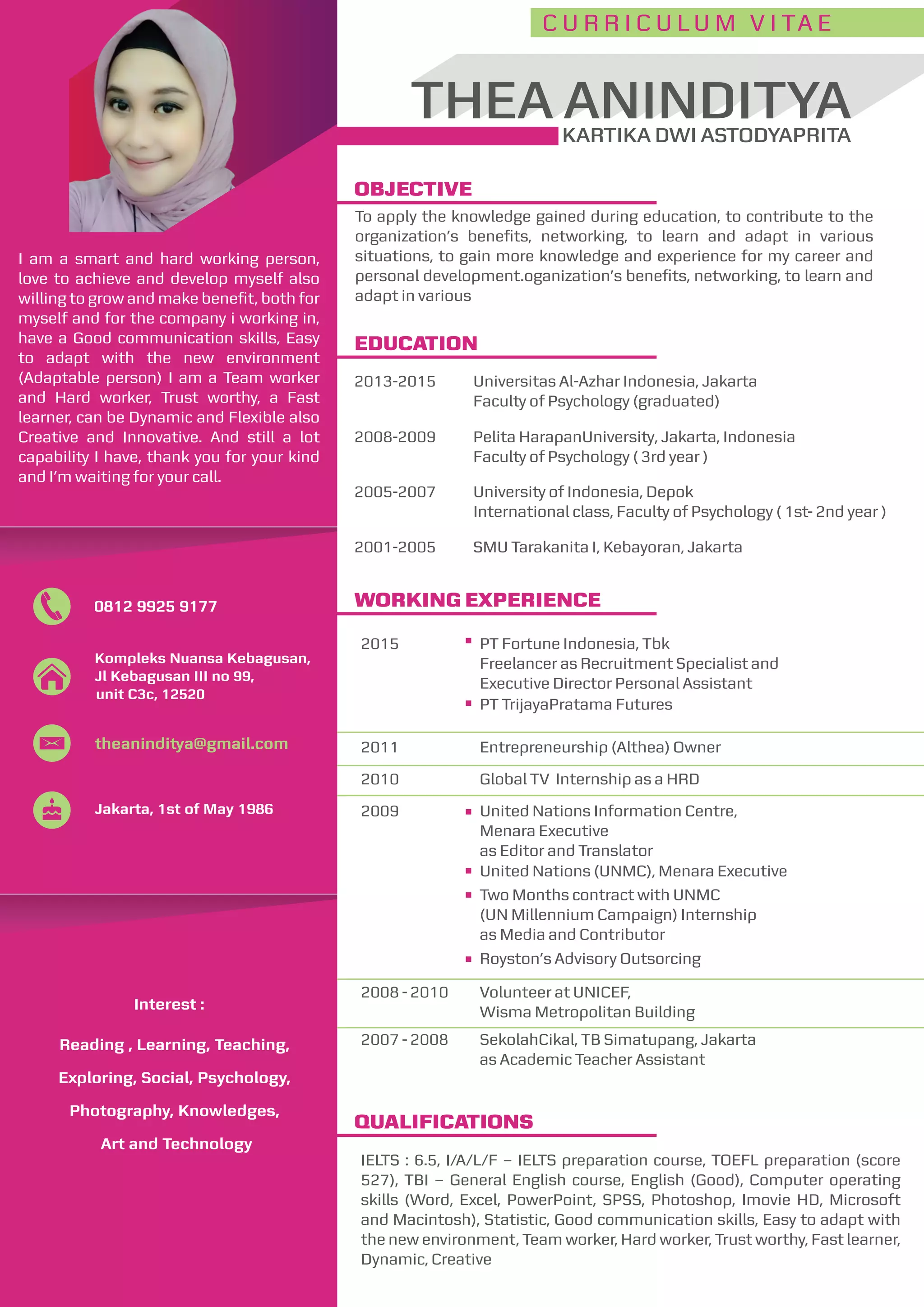 Thea Aninditya CV | PDF | Careers