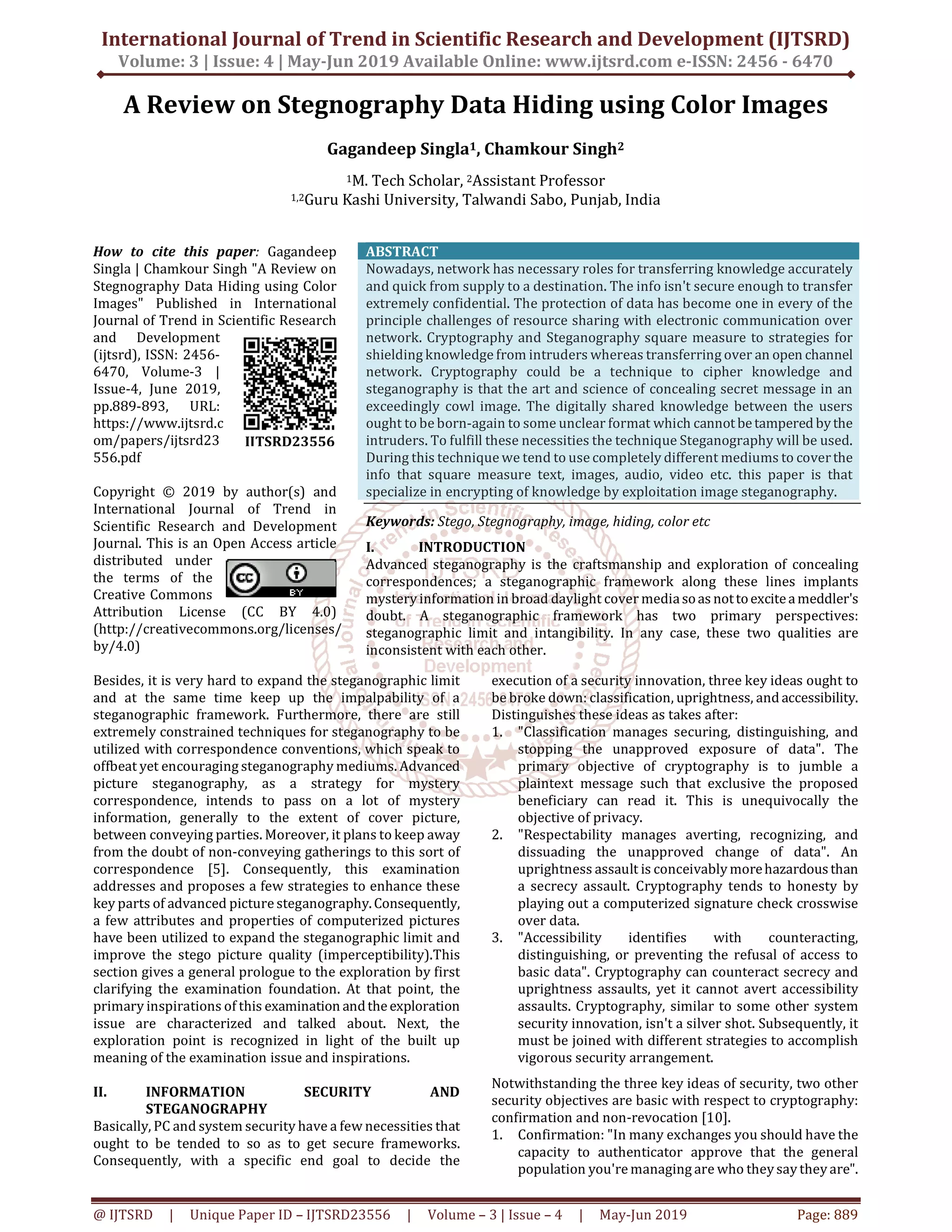 A Review on Stegnography Data Hiding using Color Images | PDF