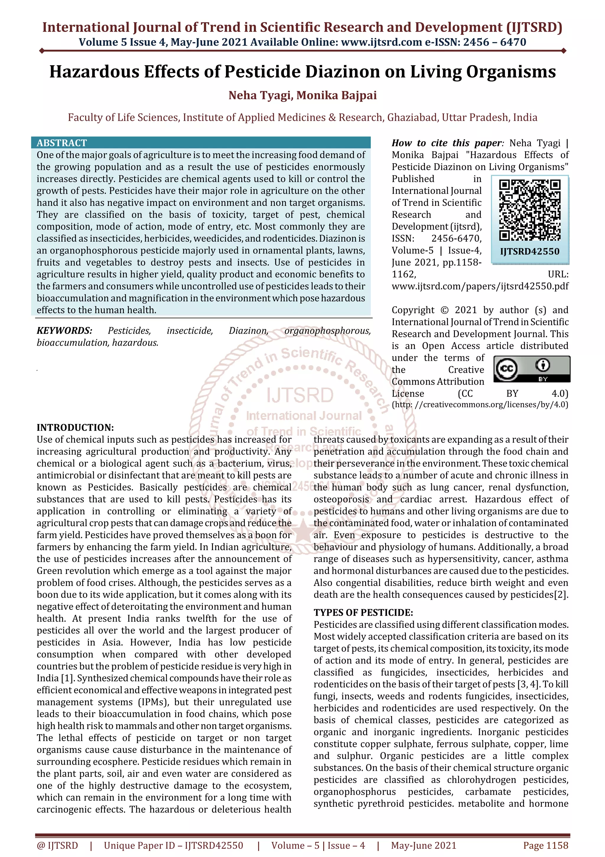 Hazardous Effects of Pesticide Diazinon on Living Organisms | PDF