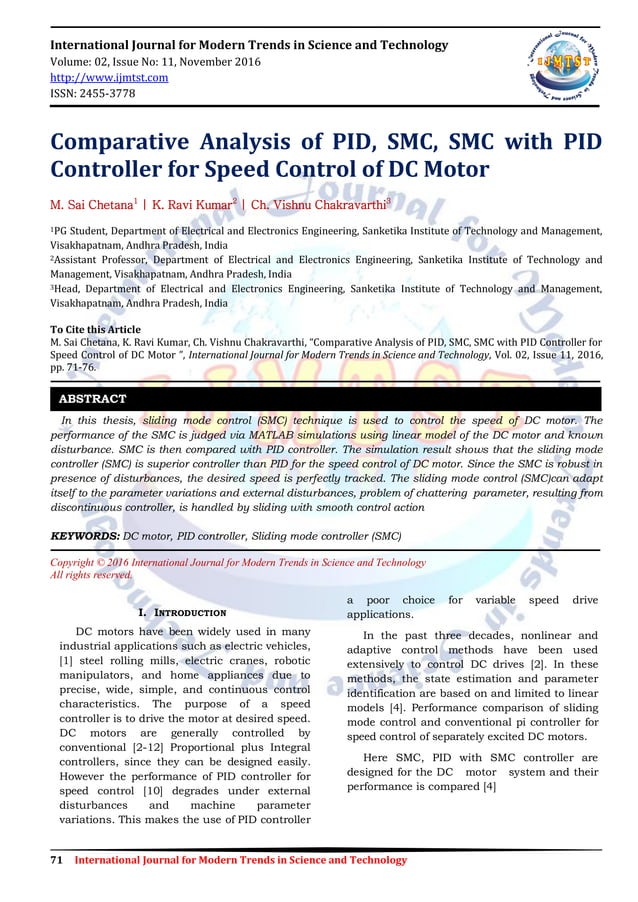 Comparative Analysis of PID, SMC, SMC with PID Controller for Speed Control of DC Motor | PDF