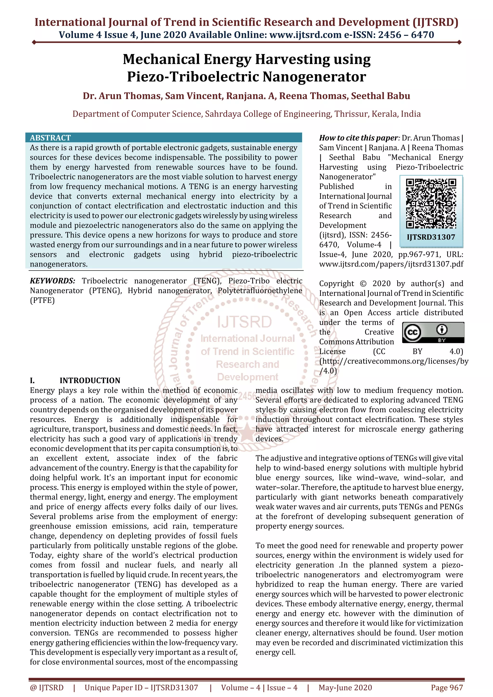 Mechanical Energy Harvesting using Piezo Triboelectric Nanogenerator | PDF