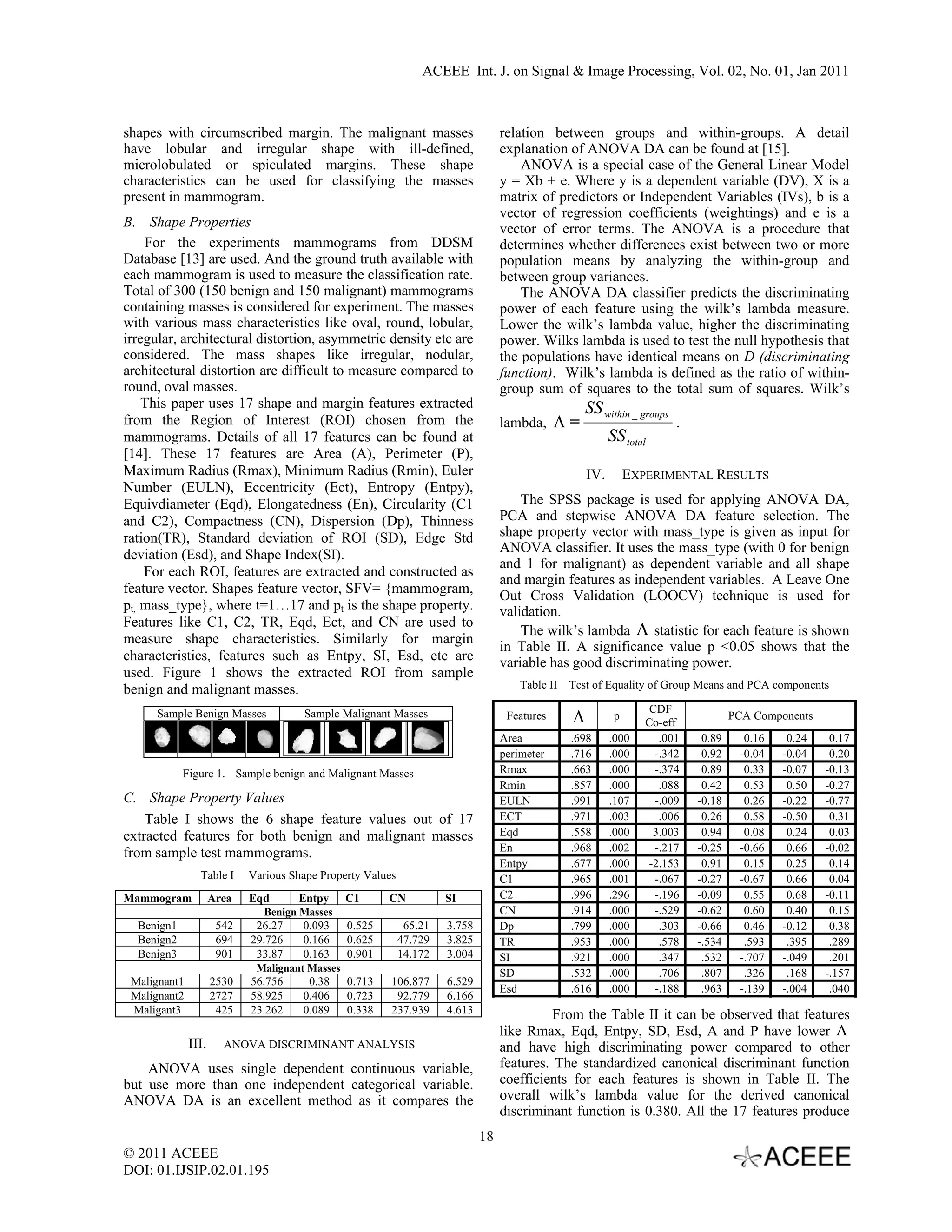 Feature Selection using Stepwise ANOVA Discriminant Analysis for Mammogram Mass Classification | PDF