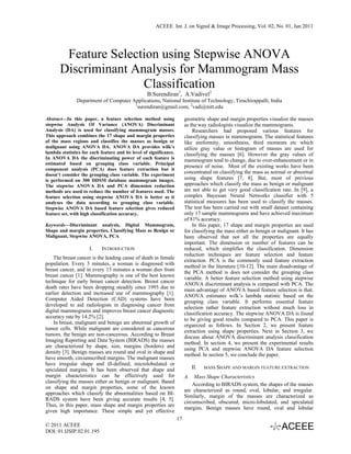 Feature Selection using Stepwise ANOVA Discriminant Analysis for Mammogram Mass Classification | PDF