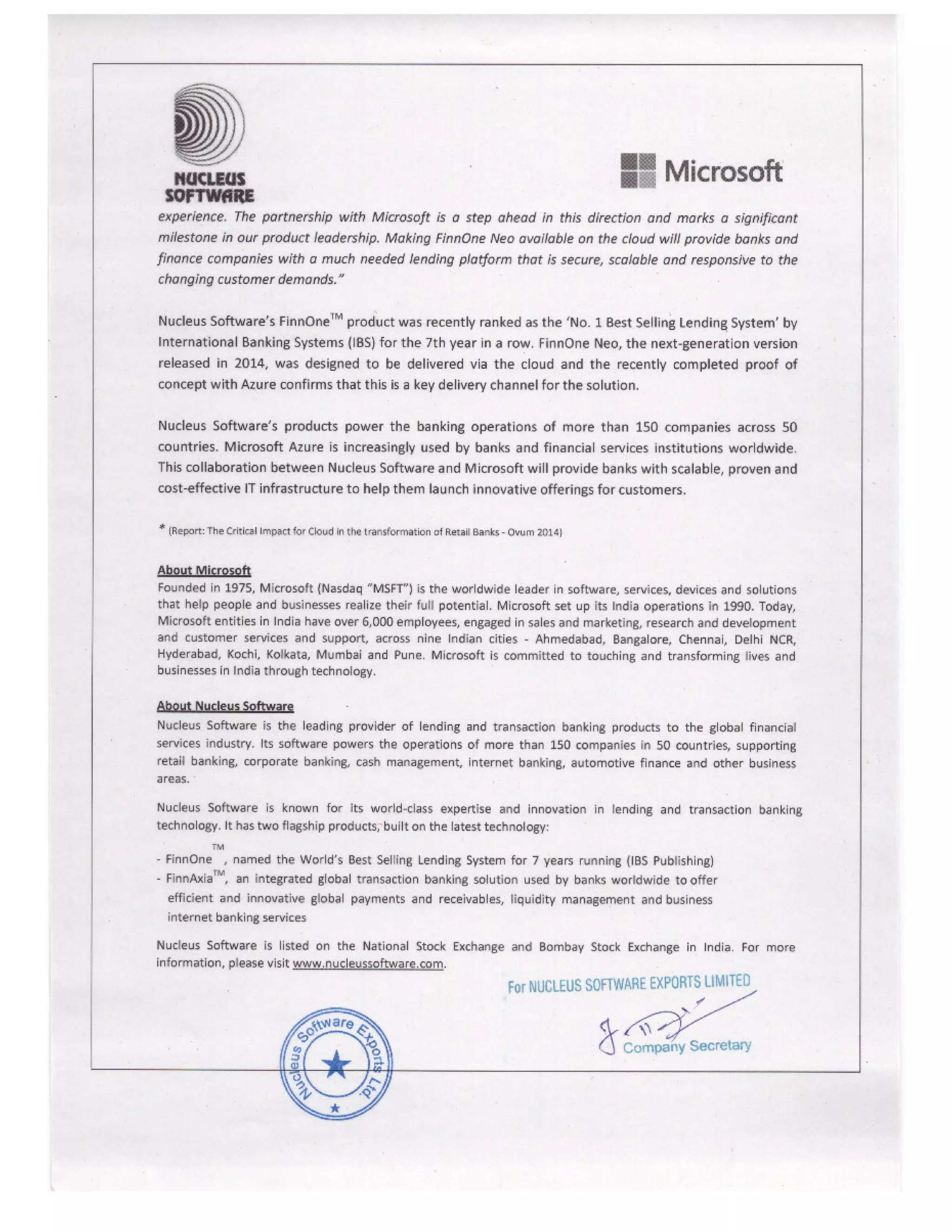 Nucleus-Microsoft Cloud Alliance Announcement | PDF