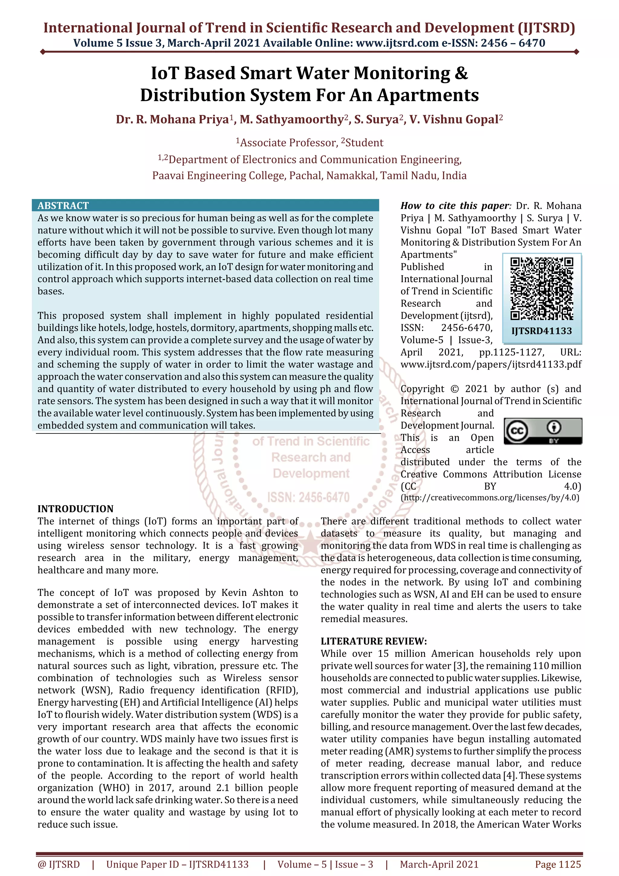 IoT Based Smart Water Monitoring and Distribution System For An ...