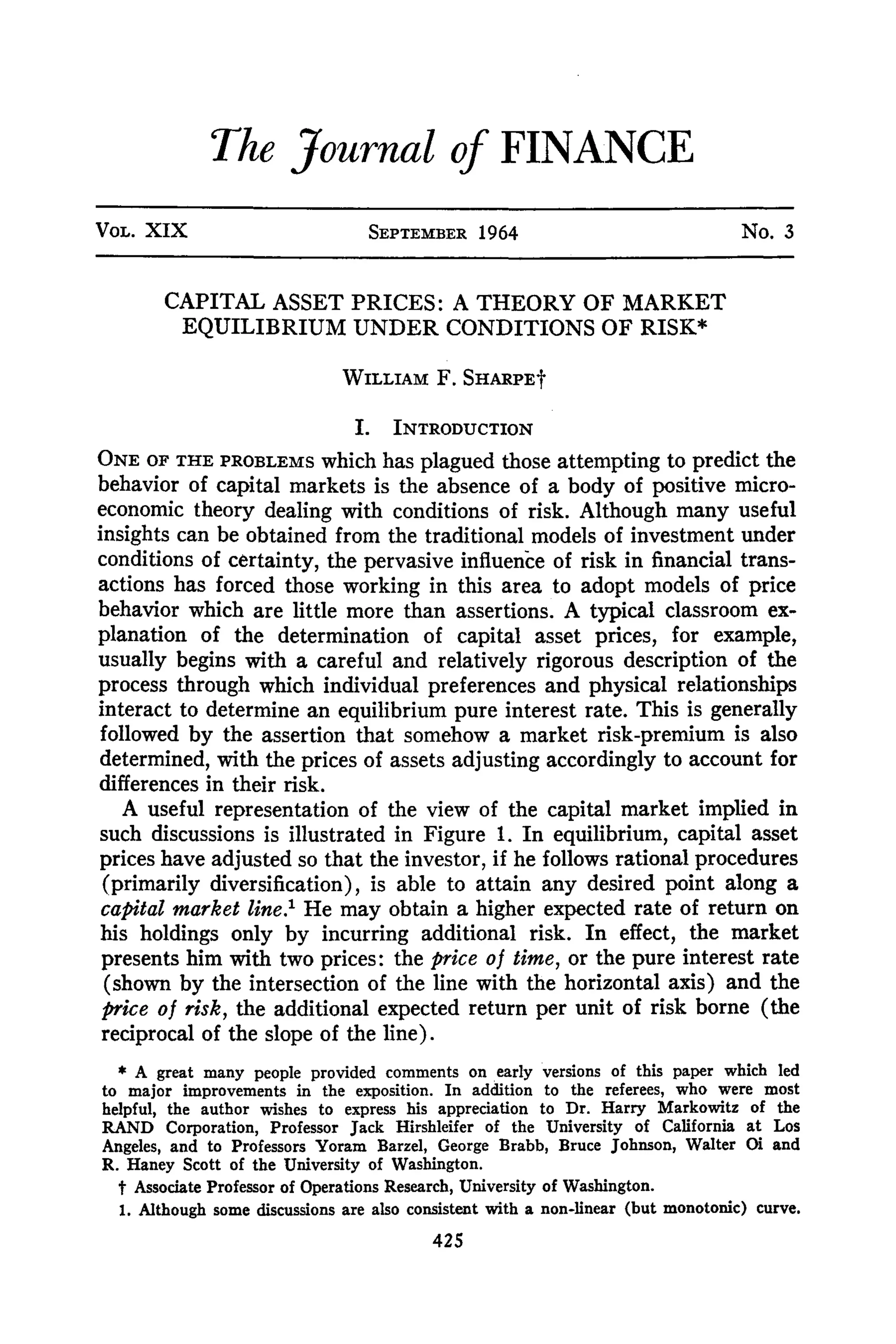 1964 sharpe capital asset prices a theory of market equilibrium under ...