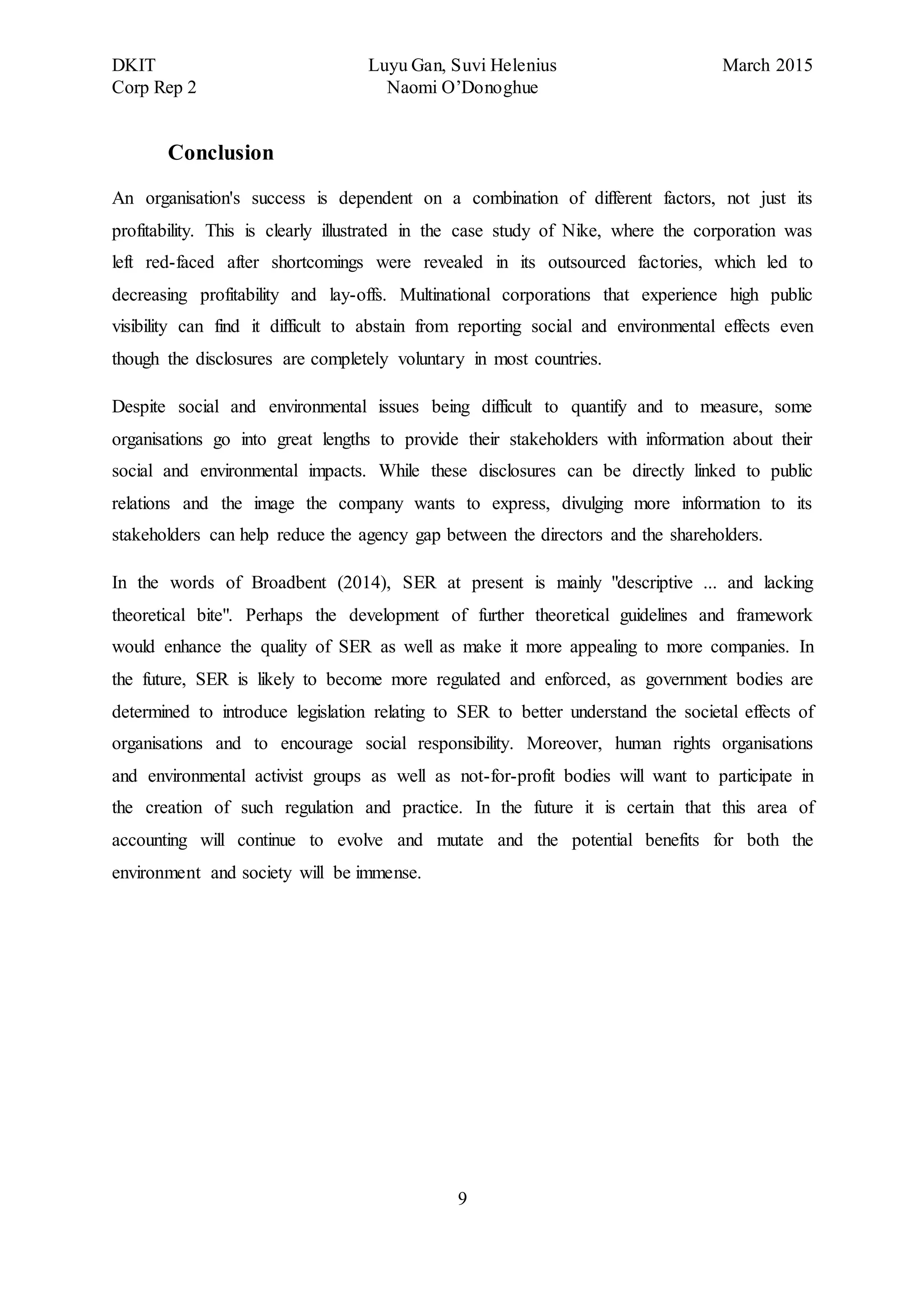 Social and Environmental Reporting - An Essay | DOCX
