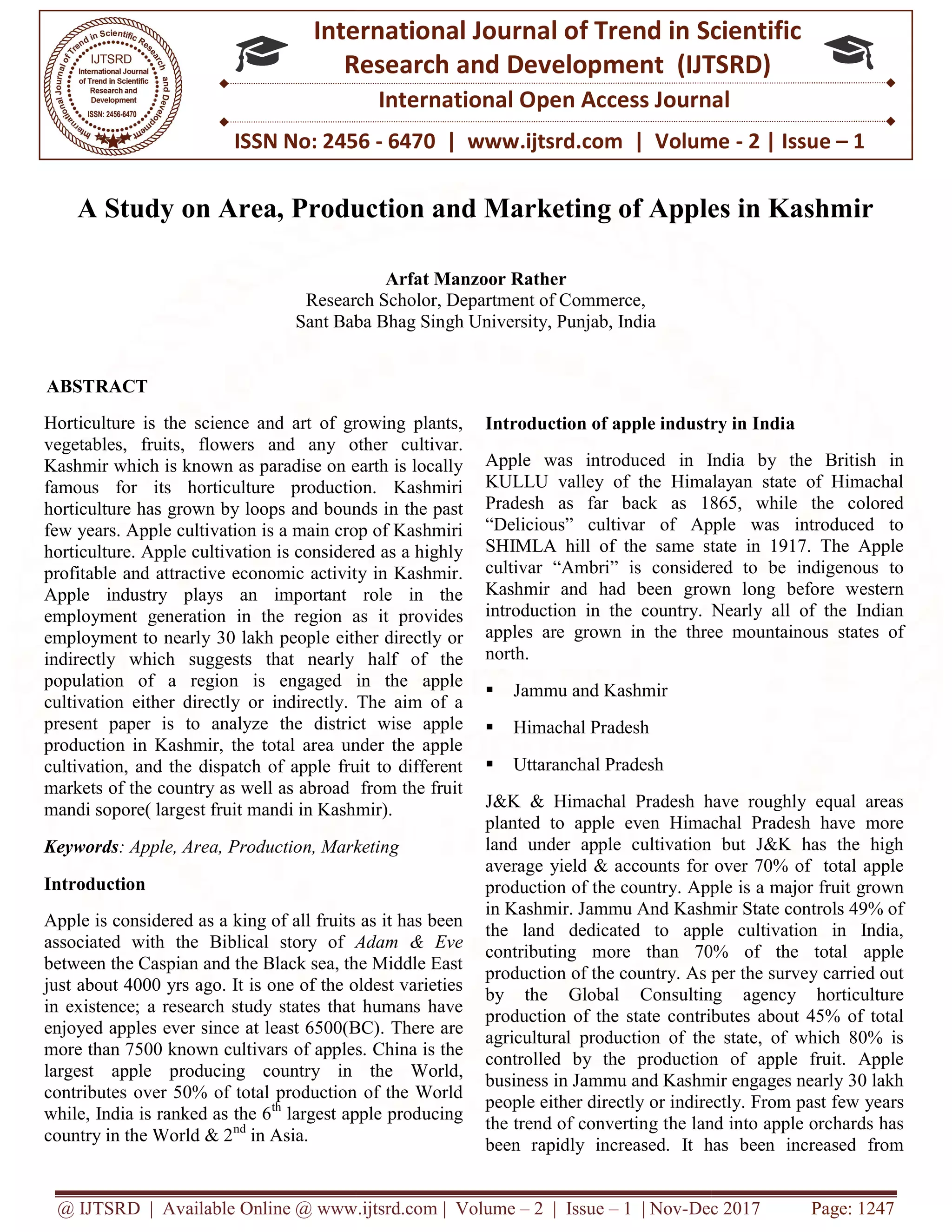 A Study on Area, Production and Marketing of Apples in Kashmir | PDF