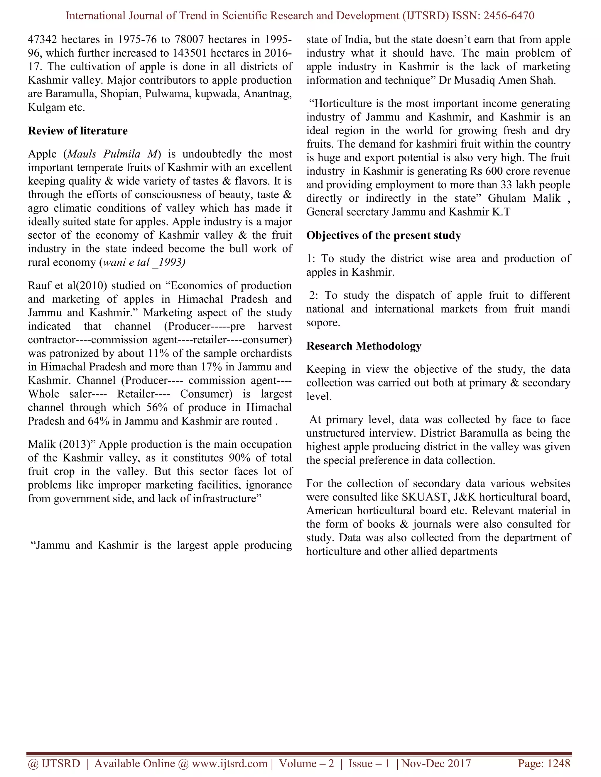 A Study on Area, Production and Marketing of Apples in Kashmir | PDF