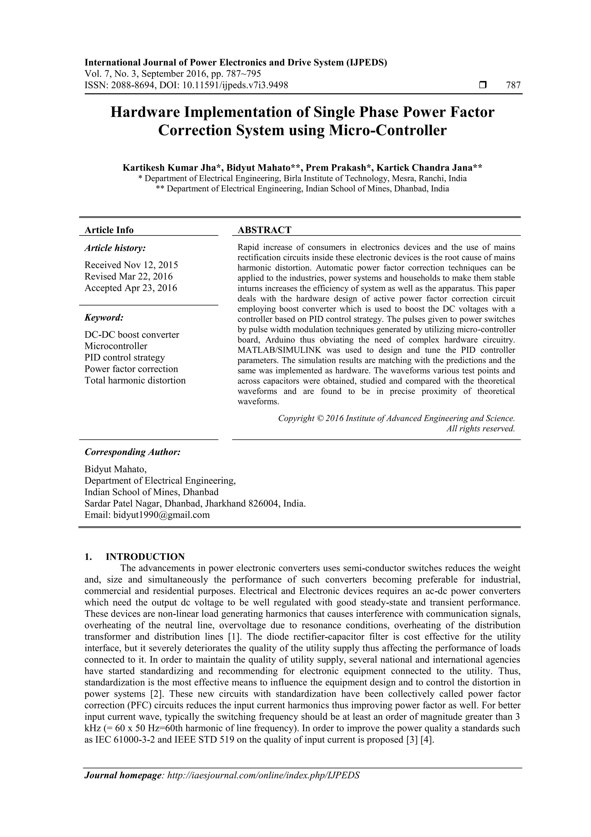 Hardware Implementation Of Single Phase Power Factor Correction System Using Micro Controller