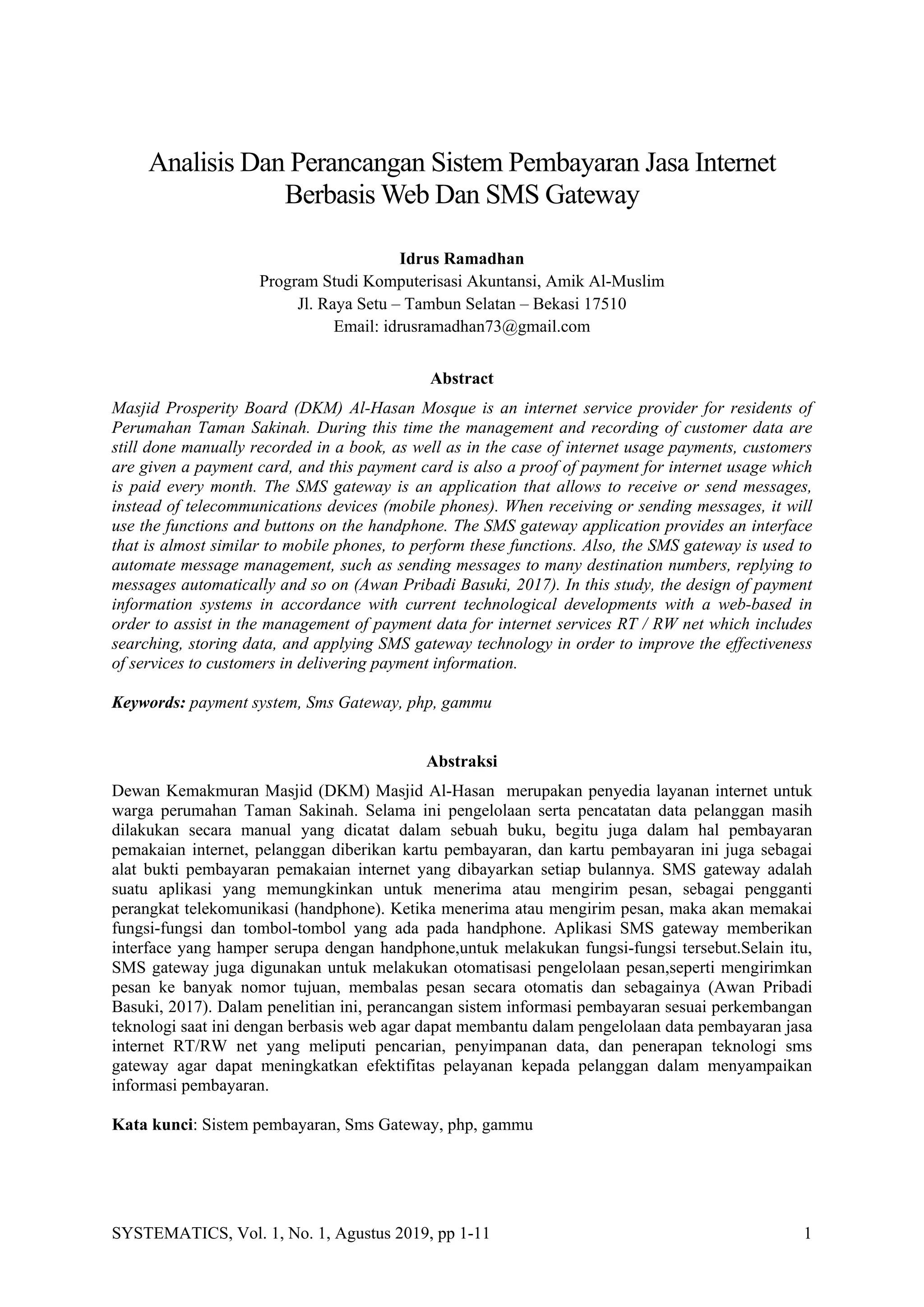 Analisis Dan Perancangan Sistem Pembayaran Jasa Internet Berbasis Web Dan SMS Gateway | PDF