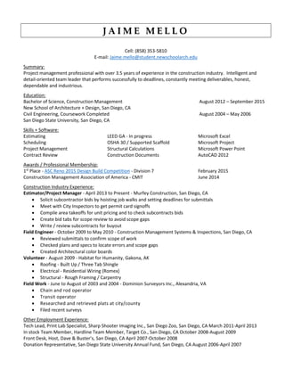 Jaime Mello-Resume 5-9-15 | PDF | Civil Engineering Industry | Industries