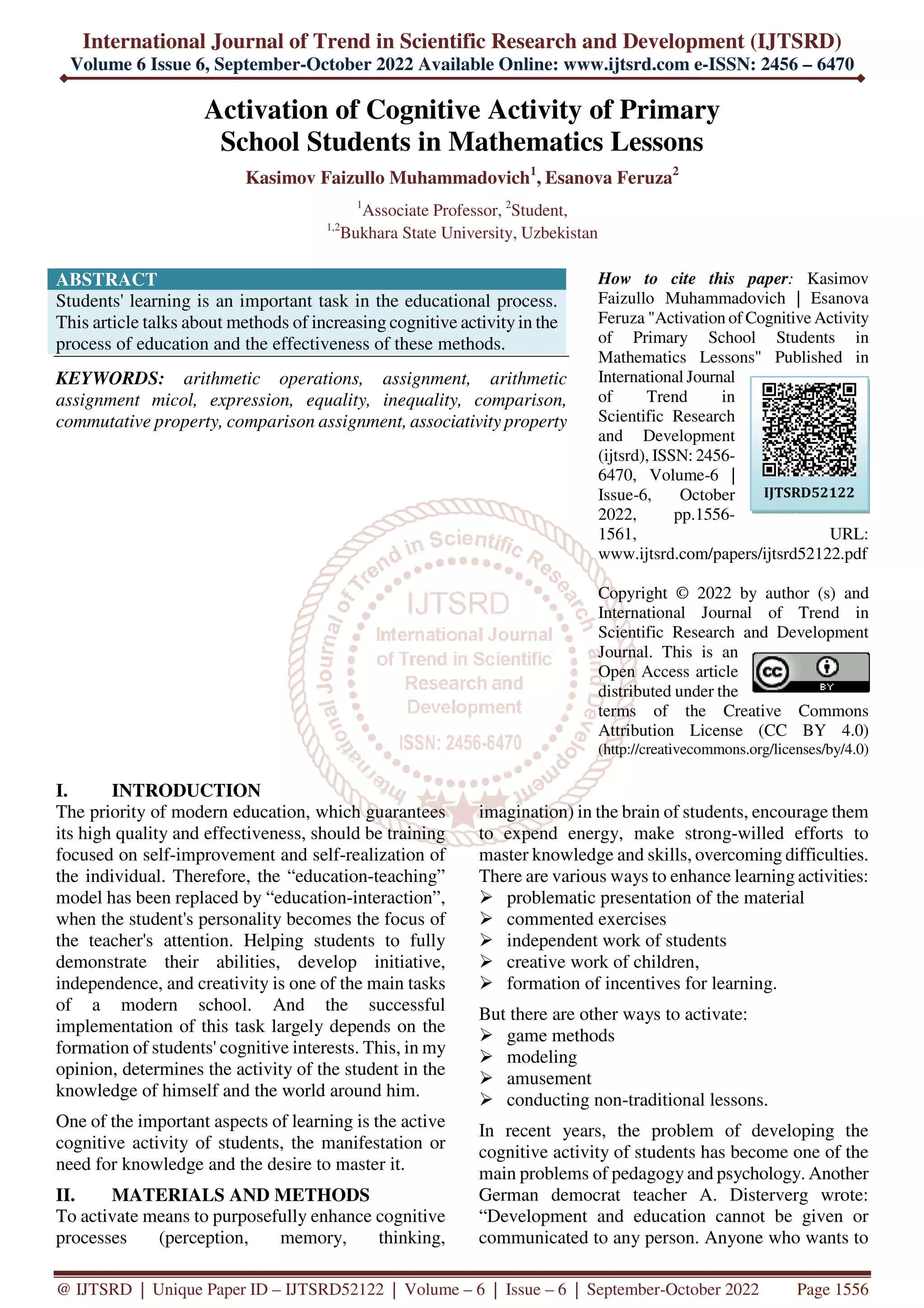 Activation of Cognitive Activity of Primary School Students in Mathematics Lessons | PDF