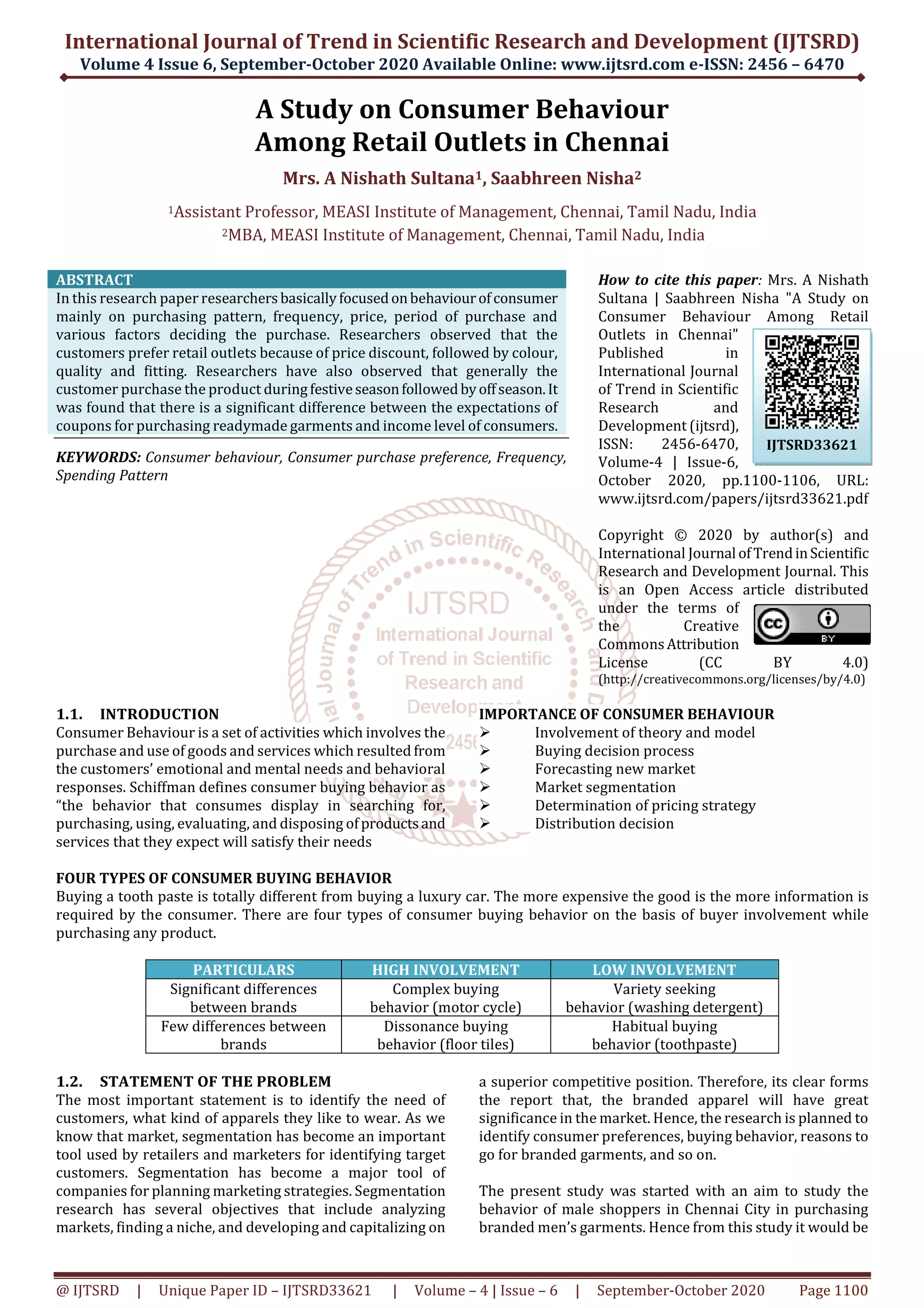 A Study on Consumer Behaviour Among Retail Outlets in Chennai | PDF