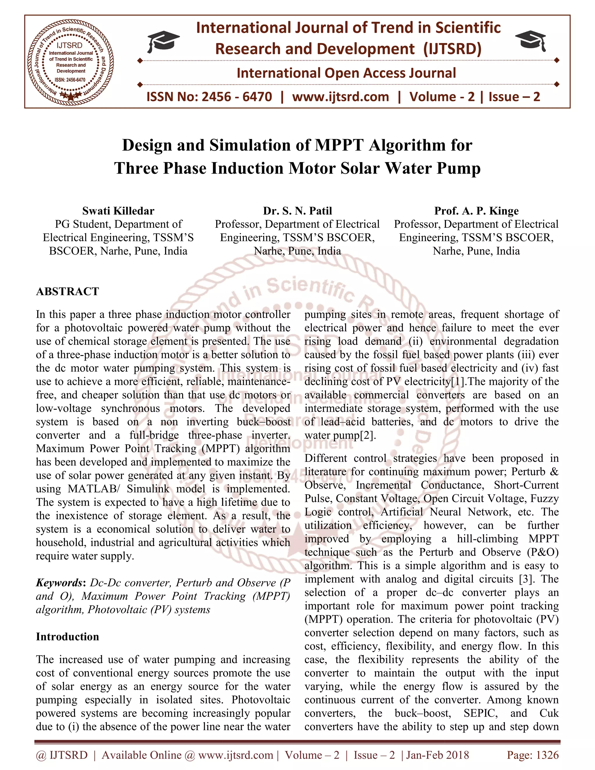 Design and Simulation of MPPT Algorithm for Three Phase Induction Motor Solar Water Pump | PDF