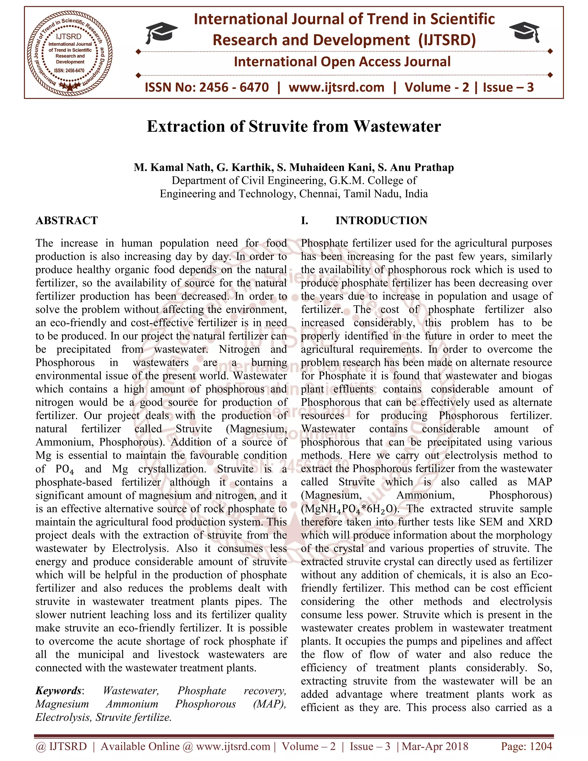 Extraction of Struvite from Wastewater | PDF