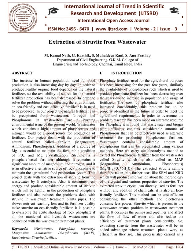 Extraction of Struvite from Wastewater | PDF | Agriculture | Industries