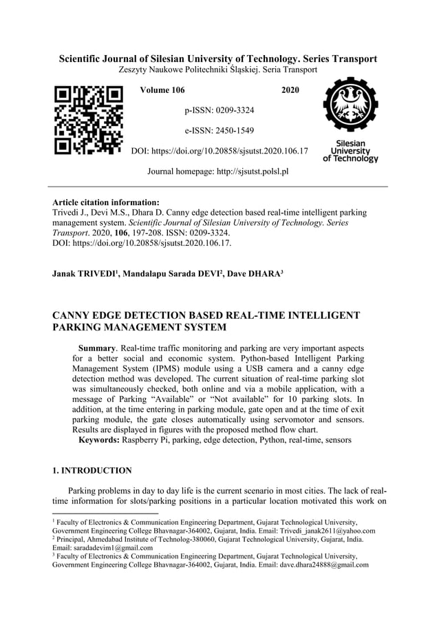 CANNY EDGE DETECTION BASED REAL-TIME INTELLIGENT PARKING MANAGEMENT SYSTEM | PDF