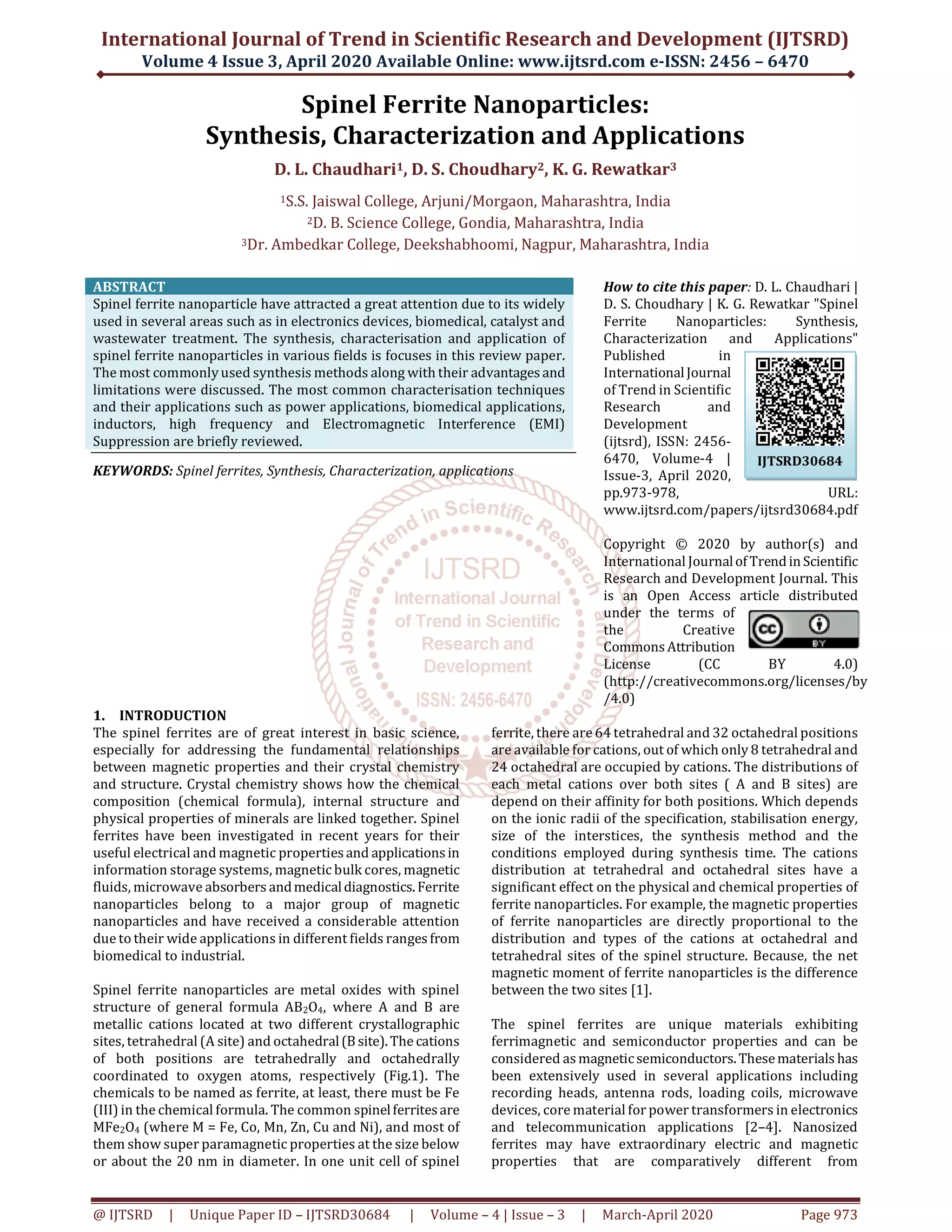 Spinel Ferrite Nanoparticles Synthesis, Characterization and Applications | PDF