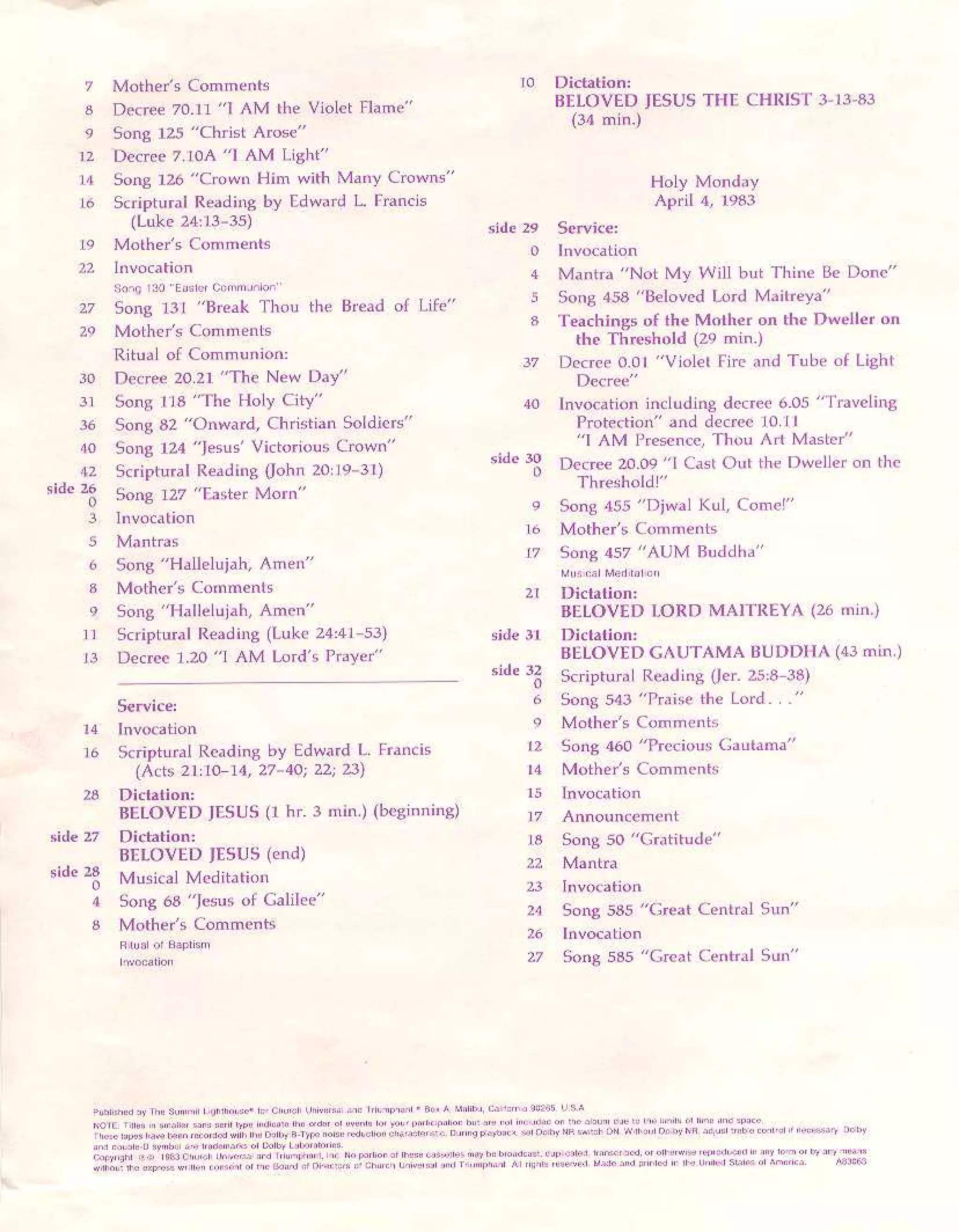 The Summit Lighthouse: 1983 conclave of the friends of christ liner ...